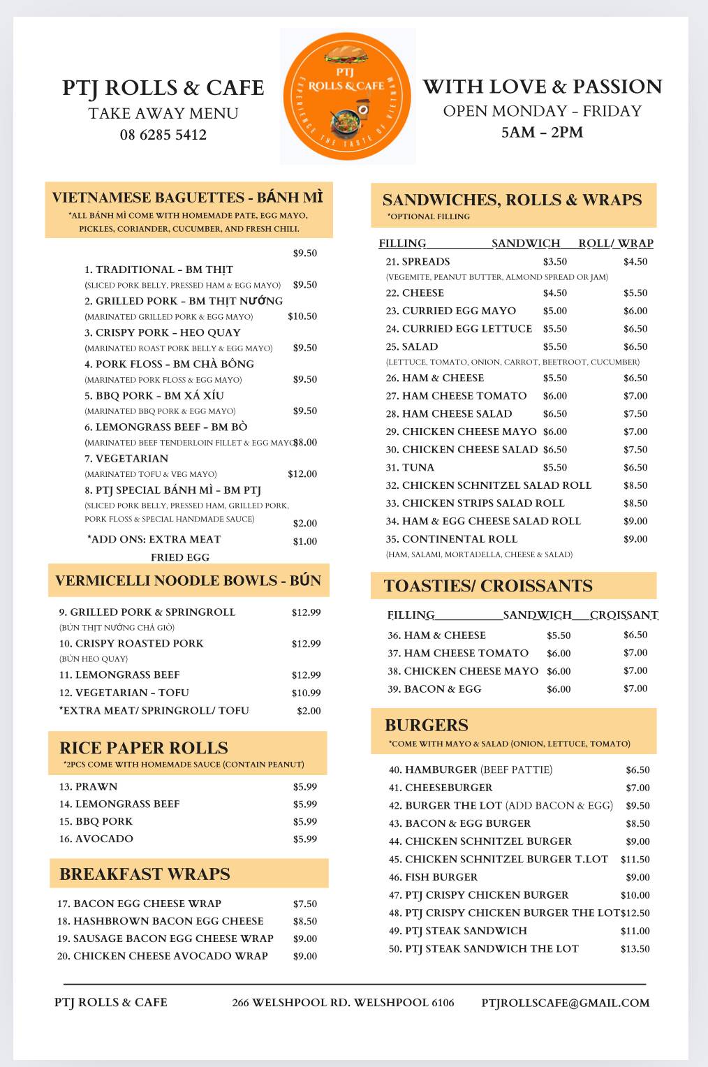 Menu at PTJ Rolls & Cafe, Welshpool