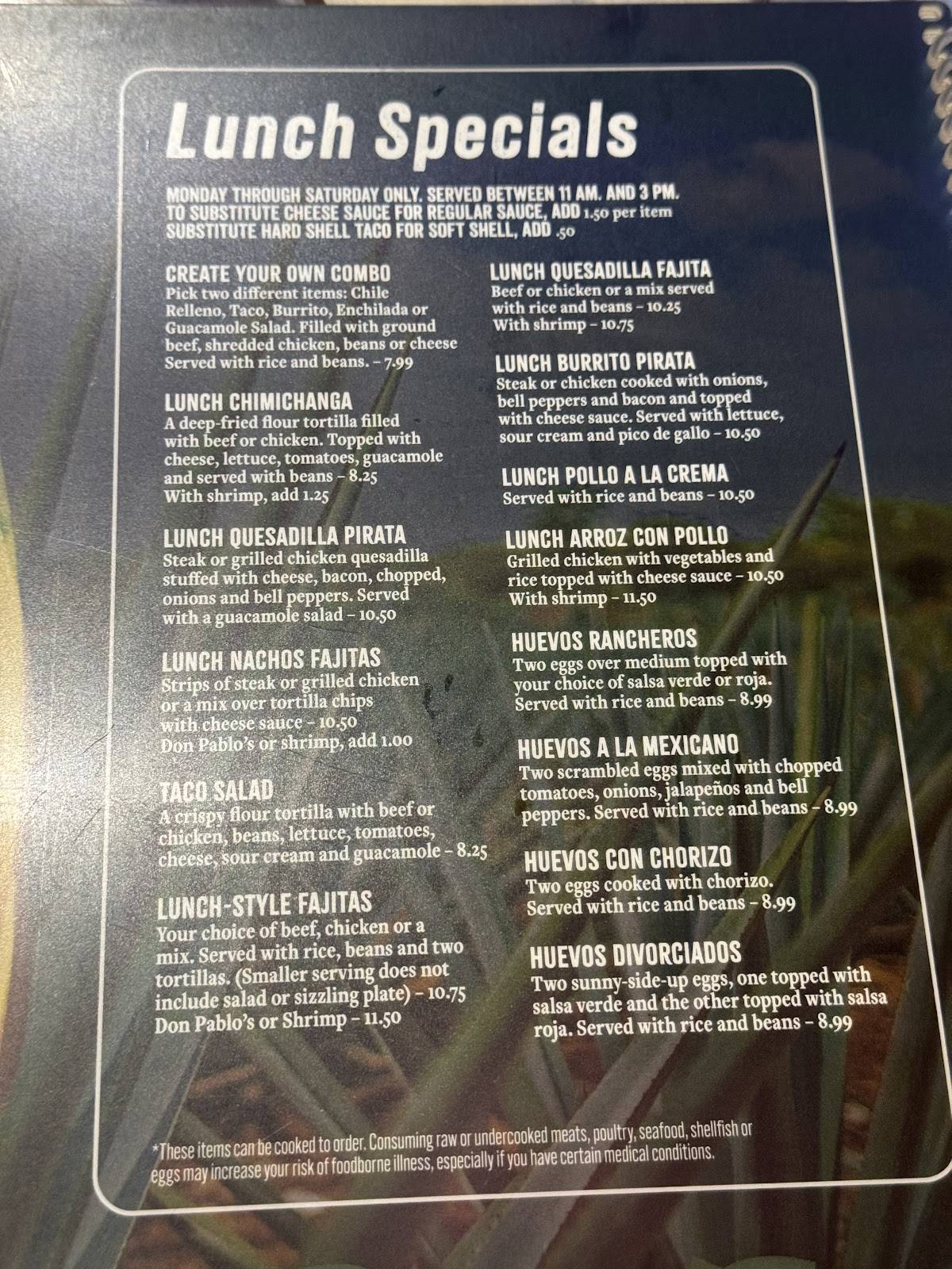 Menu at Pablo's Mexican Restaurant, North Augusta