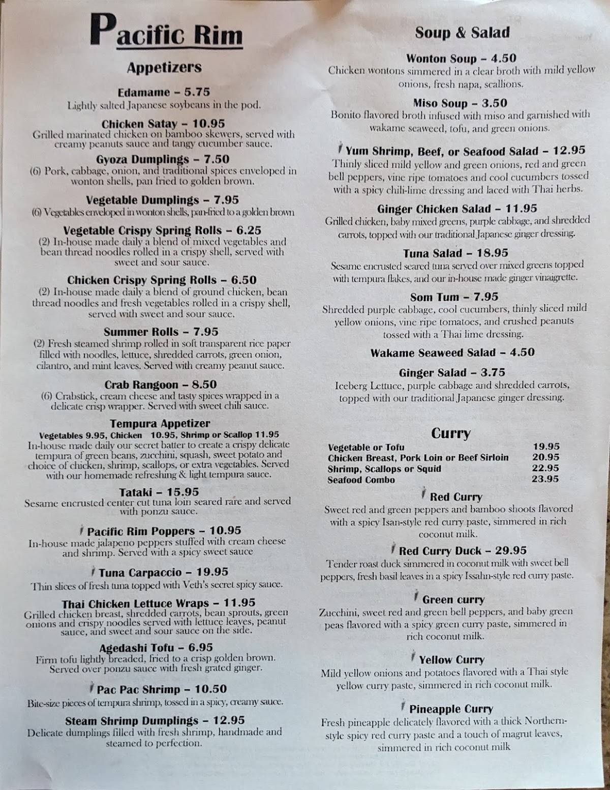 Menu at Pacific Rim restaurant, Sarasota