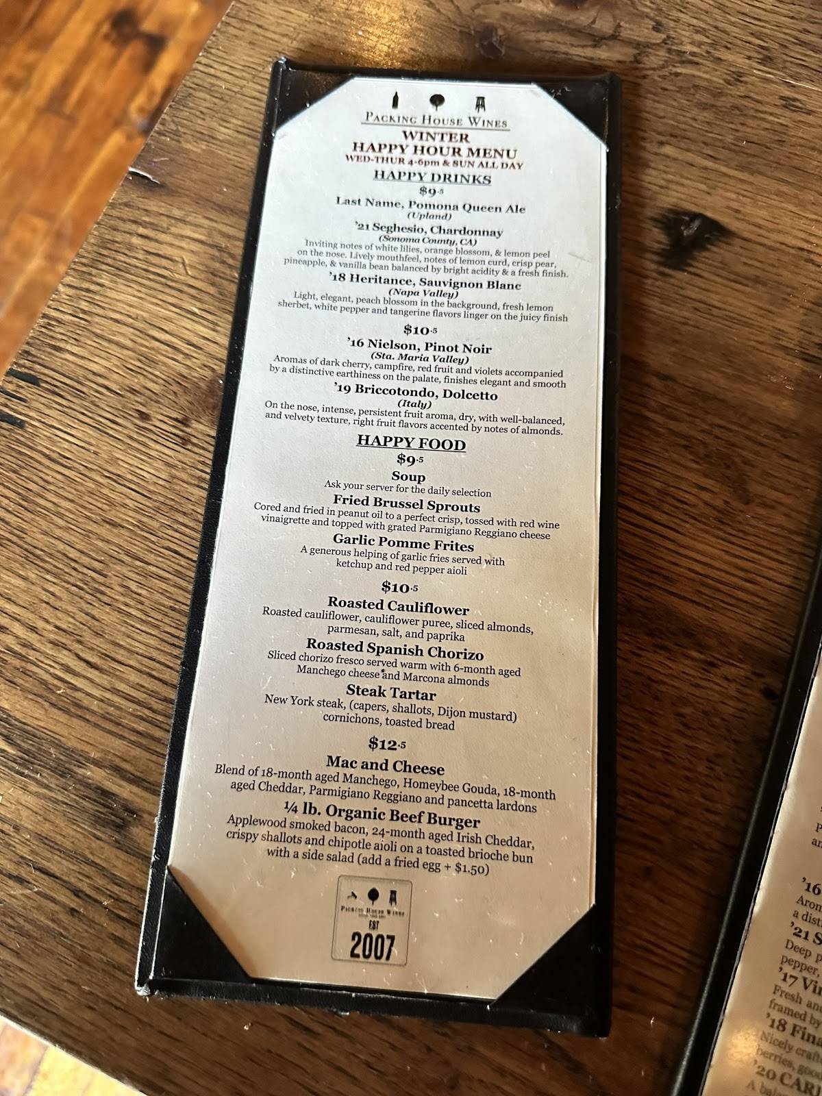 Menu at Packing House Wines pub & bar, Claremont