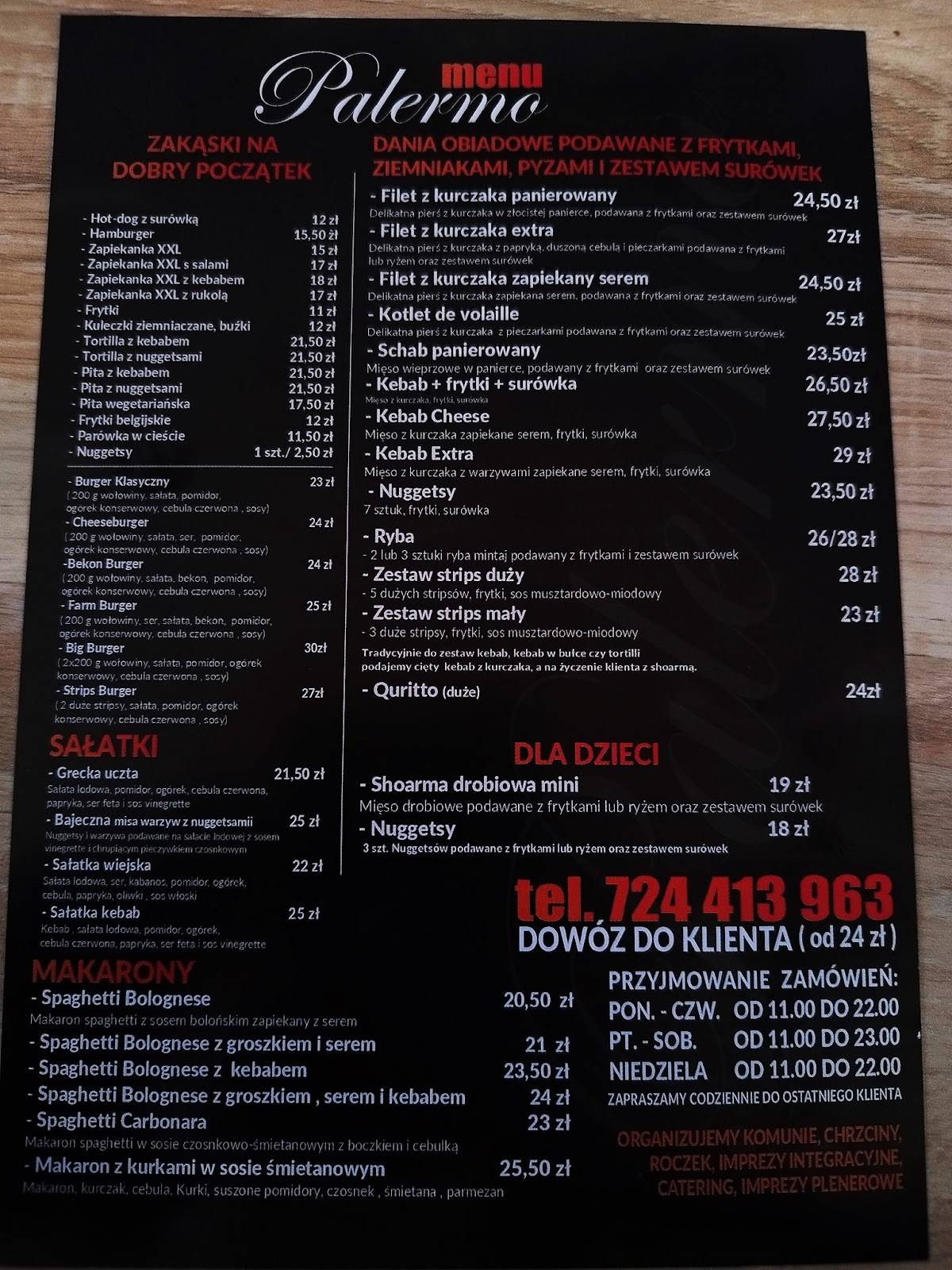 Menu at Palermo restaurant, Pogorzela