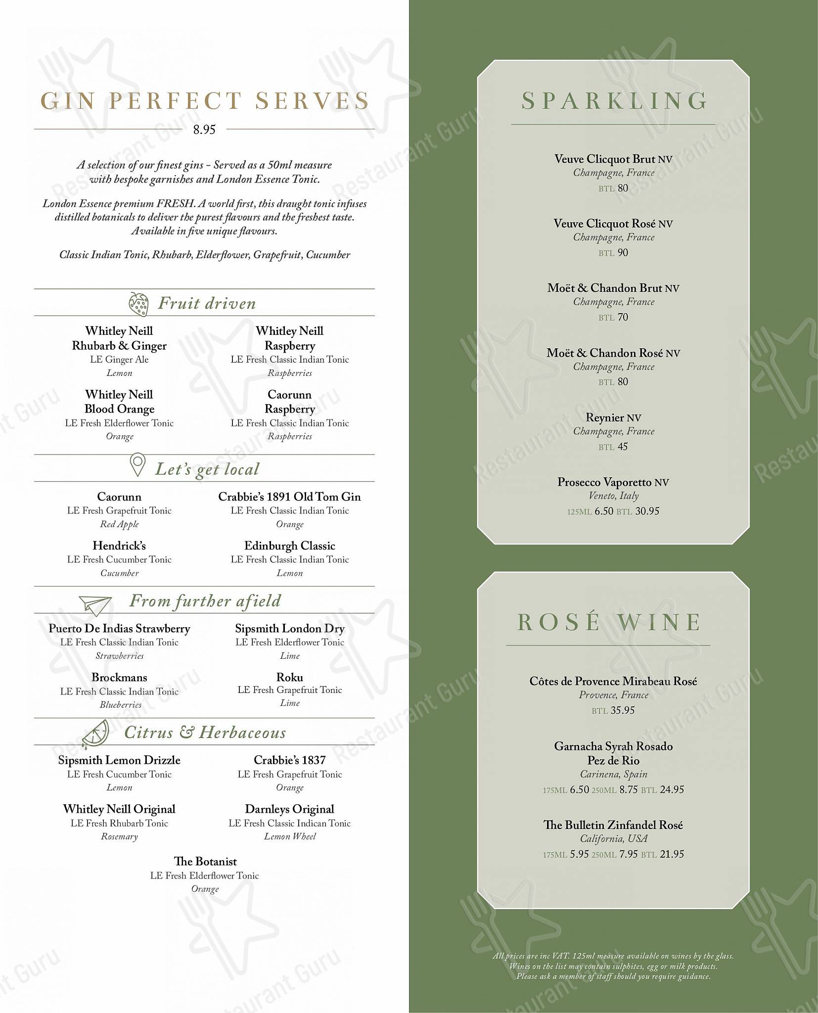 Menu at Palm Court Hotel restaurant, Aberdeen