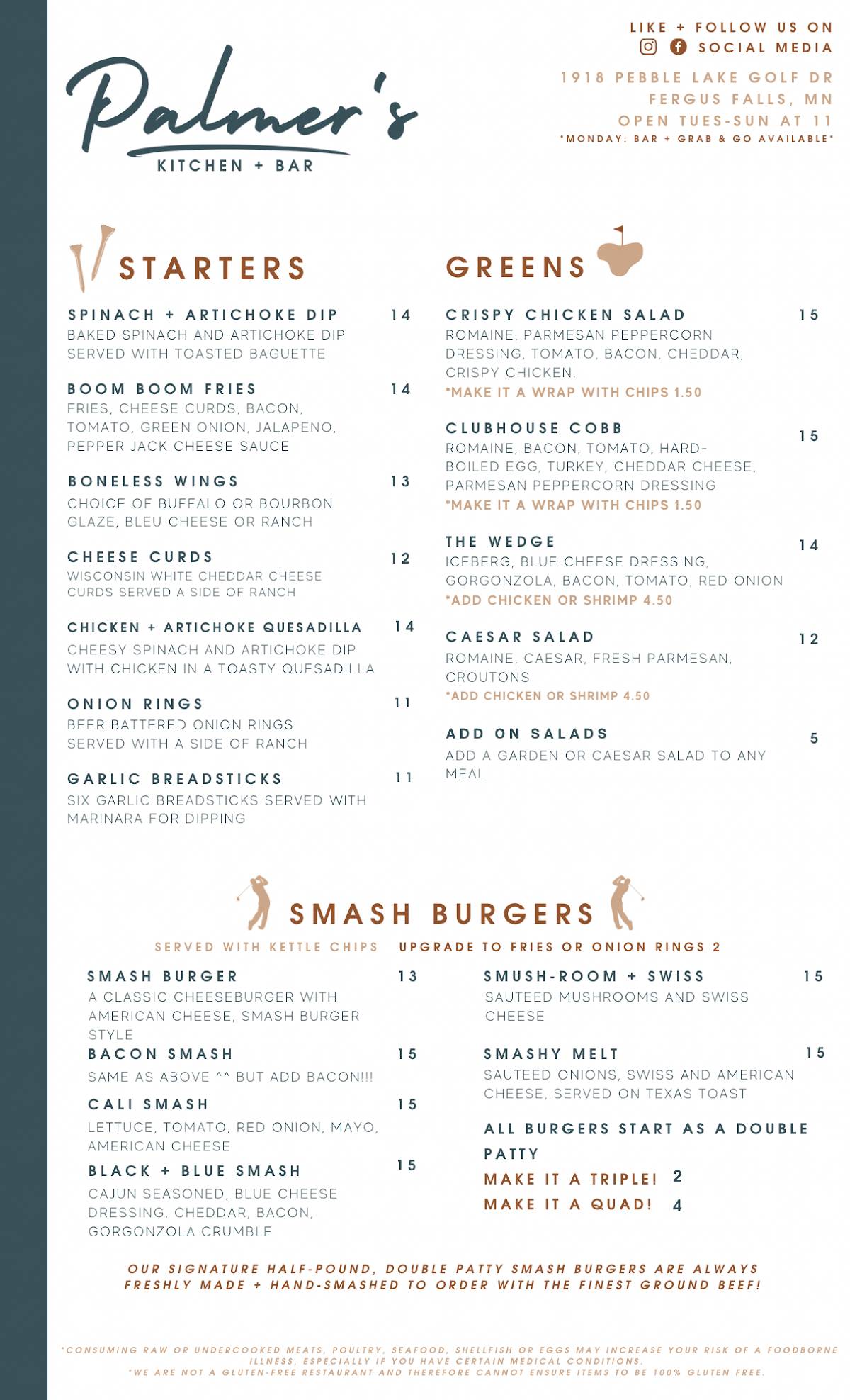 Menu at Palmer’s Kitchen + Bar, Fergus Falls