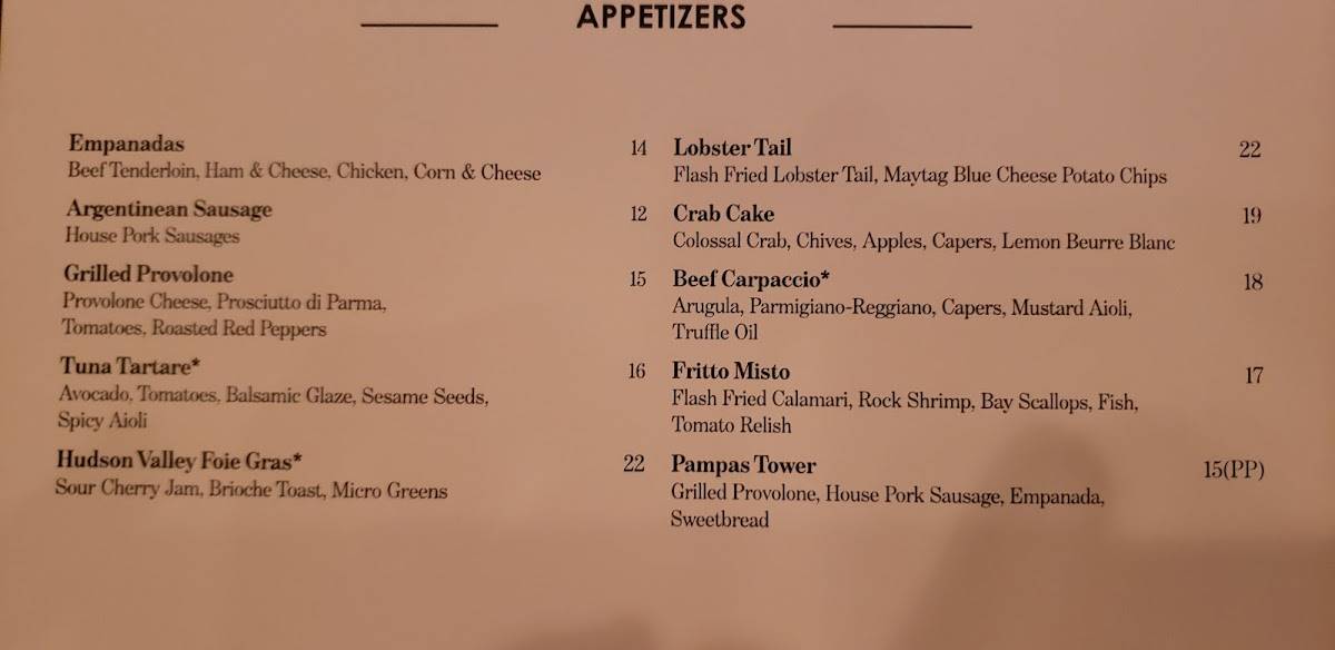 Menu at Pampas Steakhouse, Johns Creek
