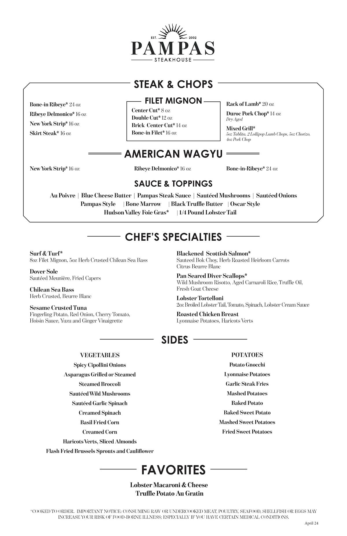 Menu at Pampas Steakhouse, Johns Creek