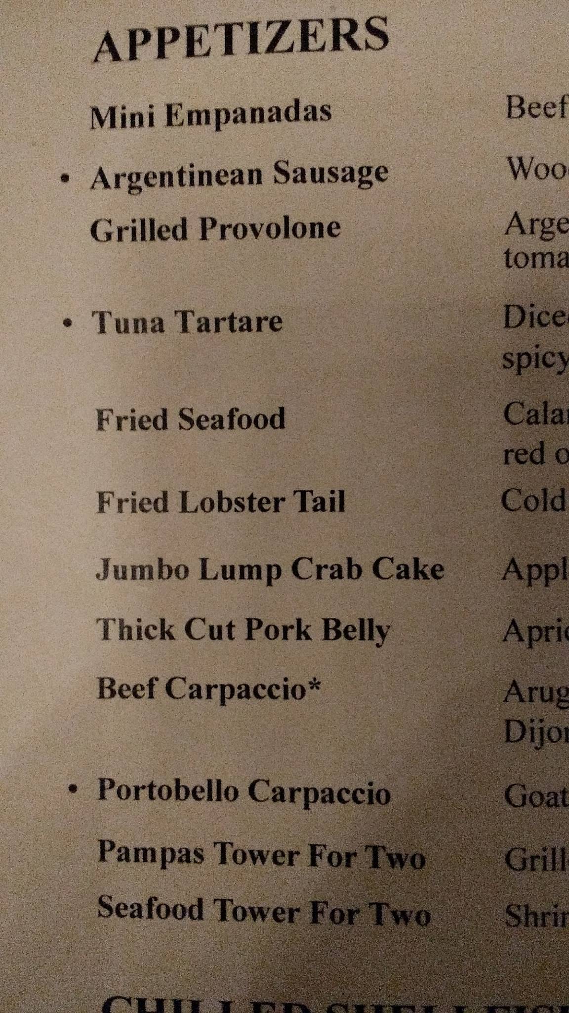 Menu at Pampas Steakhouse, Johns Creek