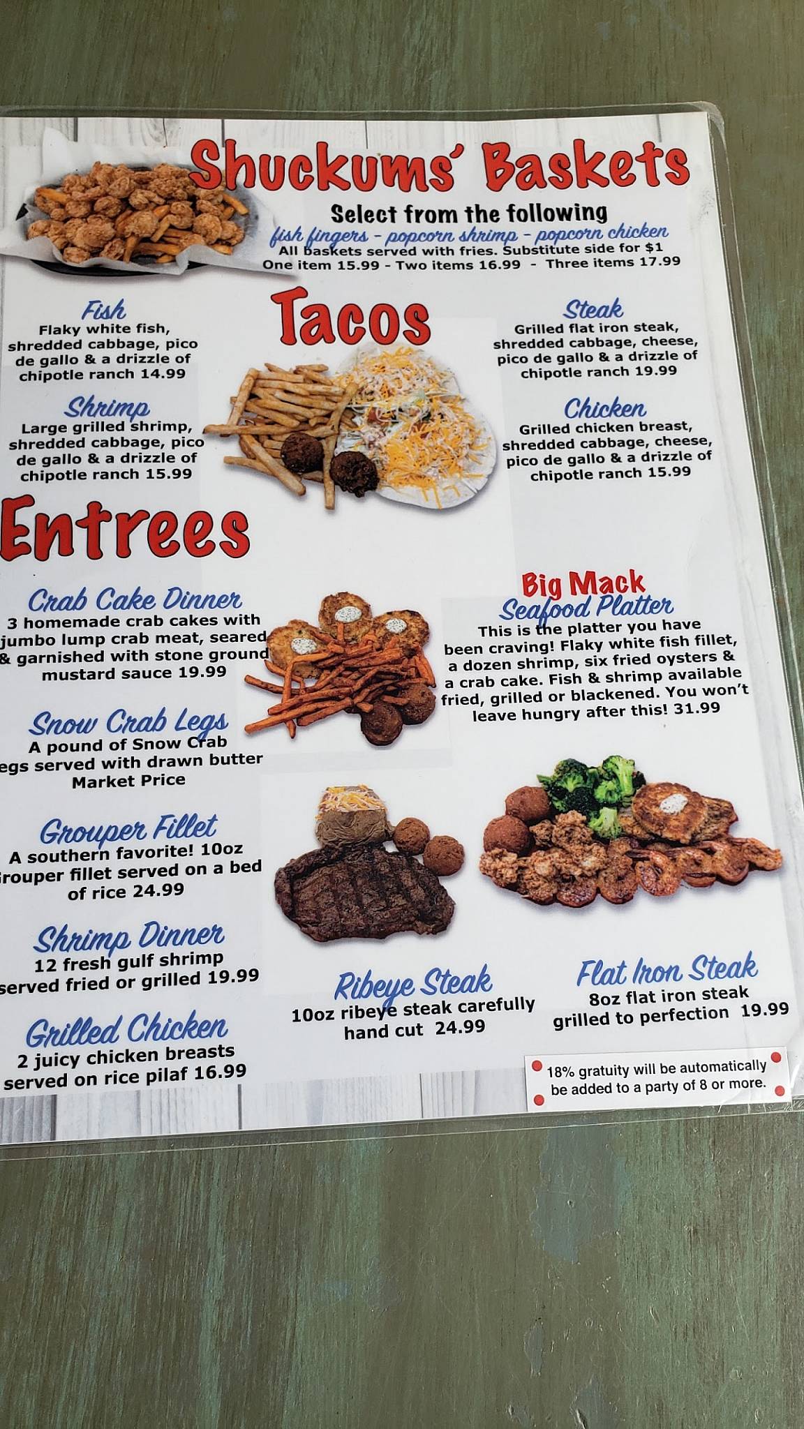 Menu at Shuckums Oyster Pub & Seafood Grill, Panama City Beach