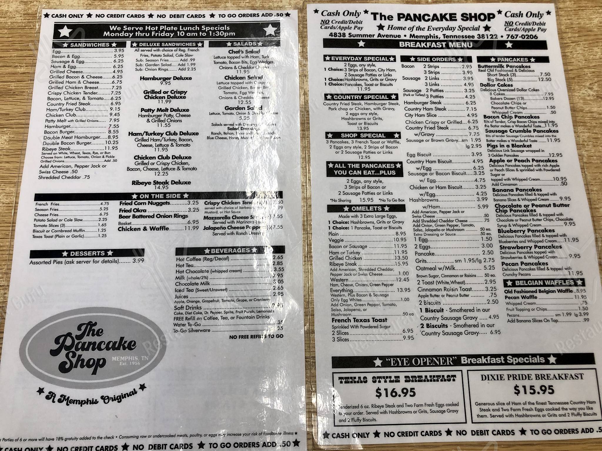 Menu at Pancake Shop restaurant, Memphis