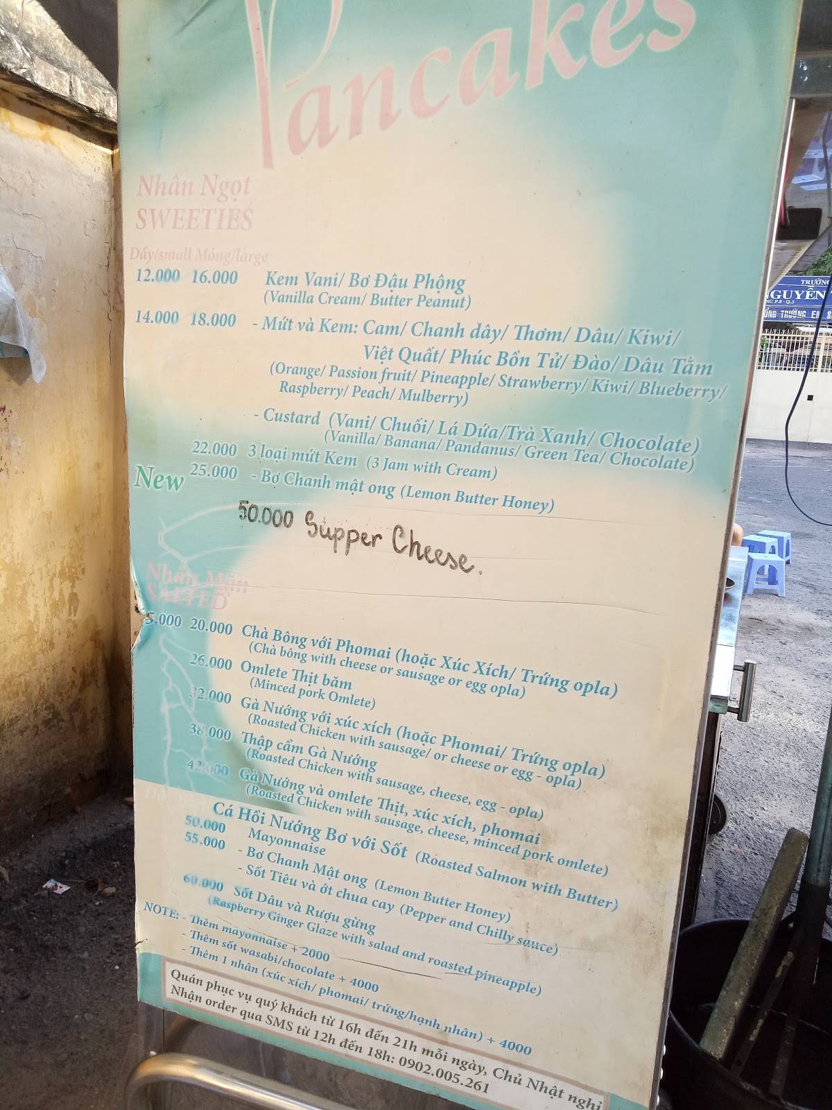 Menu at Pancakes HY restaurant, Ho Chi Minh City