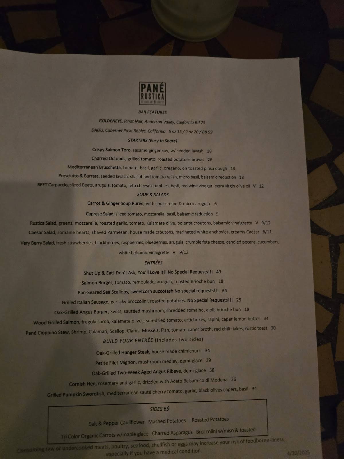 Menu at Pane Rustica restaurant, Tampa, S MacDill Ave