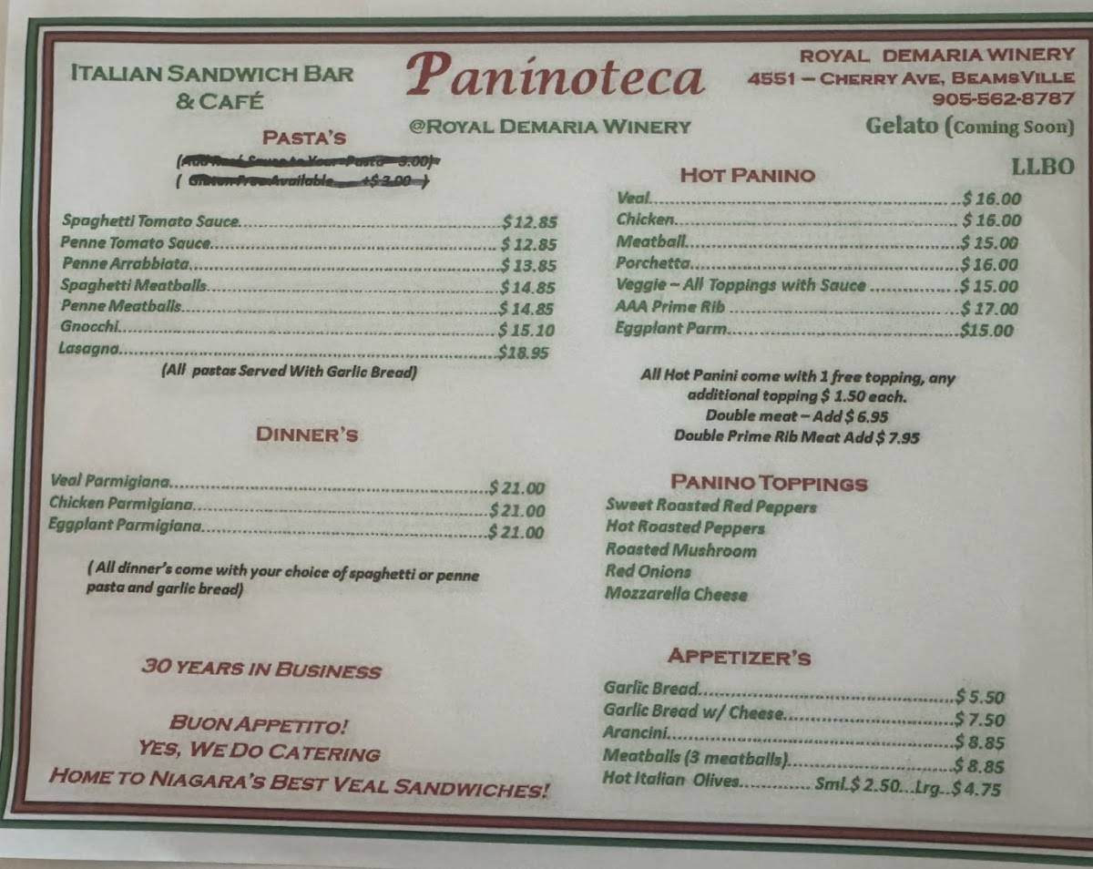 Menu at Paninoteca restaurant, Lincoln