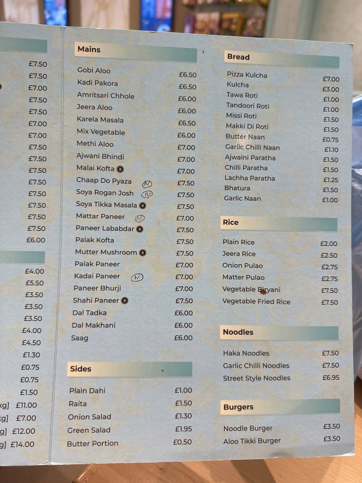Menu at Panjeeri restaurant, Hayes