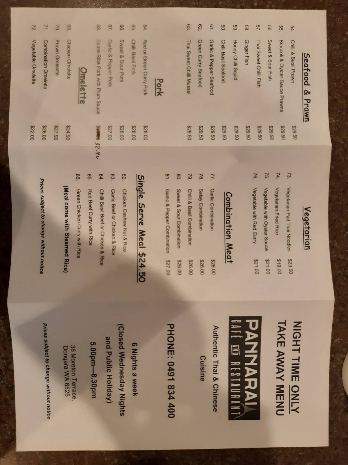 Menu at Pannarai - Cafe & Restaurant, Dongara