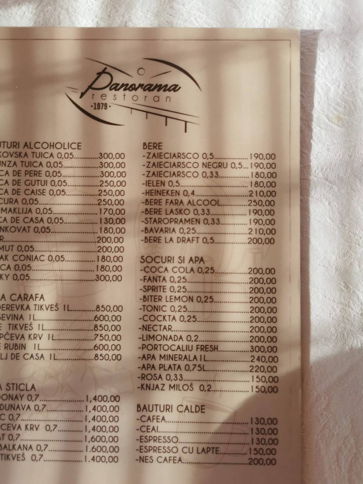 Menu at Panorama restaurant, Tekija