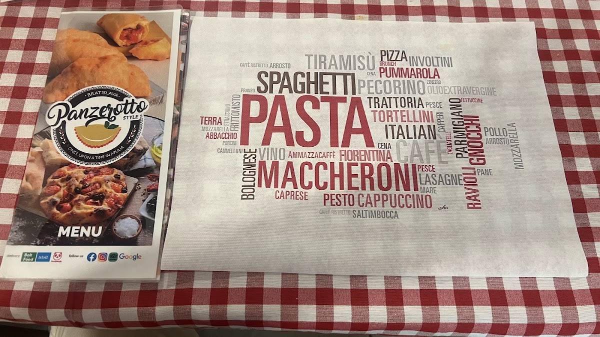 Menu at Panzerotto restaurant, Bratislava