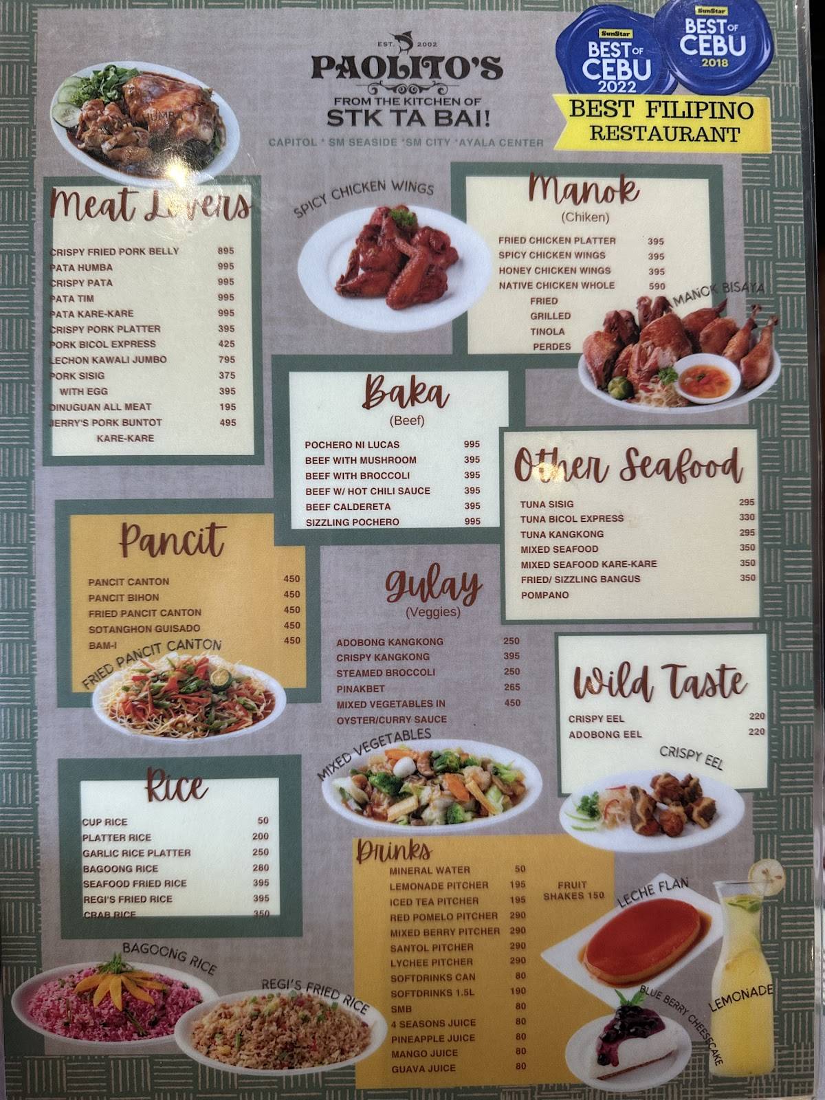 Menu at Paolito's STK restaurant, Cebu City, 7VMJ+58Q