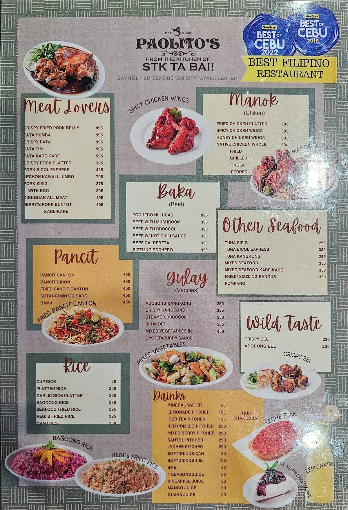 Menu at Paolito's STK restaurant, Cebu City, 7VMJ+58Q