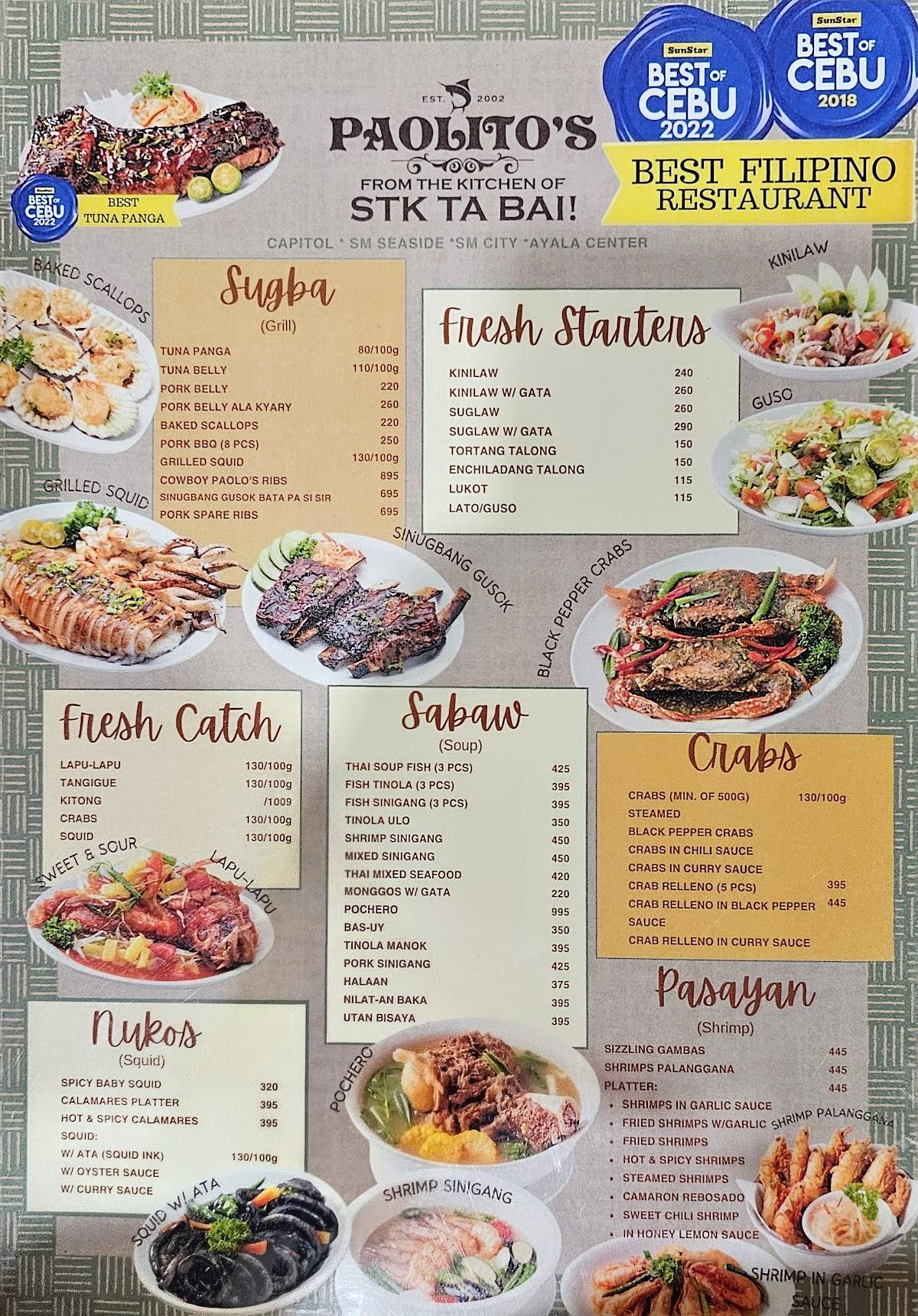 Menu at Paolito's STK restaurant, Cebu City, 7VMJ+58Q