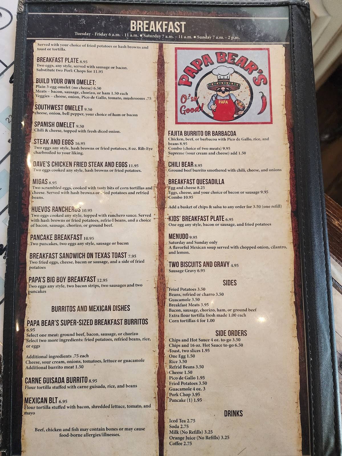 Menu at Papa Bear's restaurant, Waco