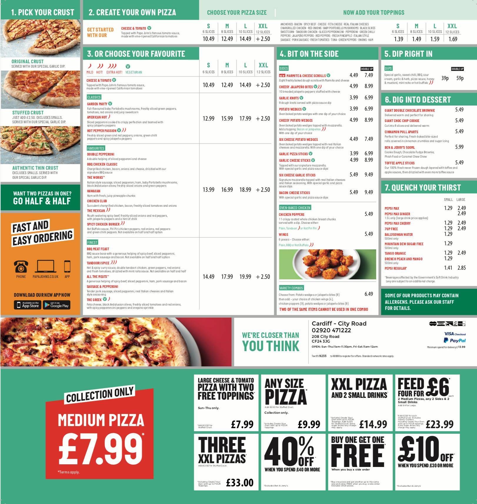 Menu at Papa Johns Pizza pizzeria, Cardiff, 208 City Rd