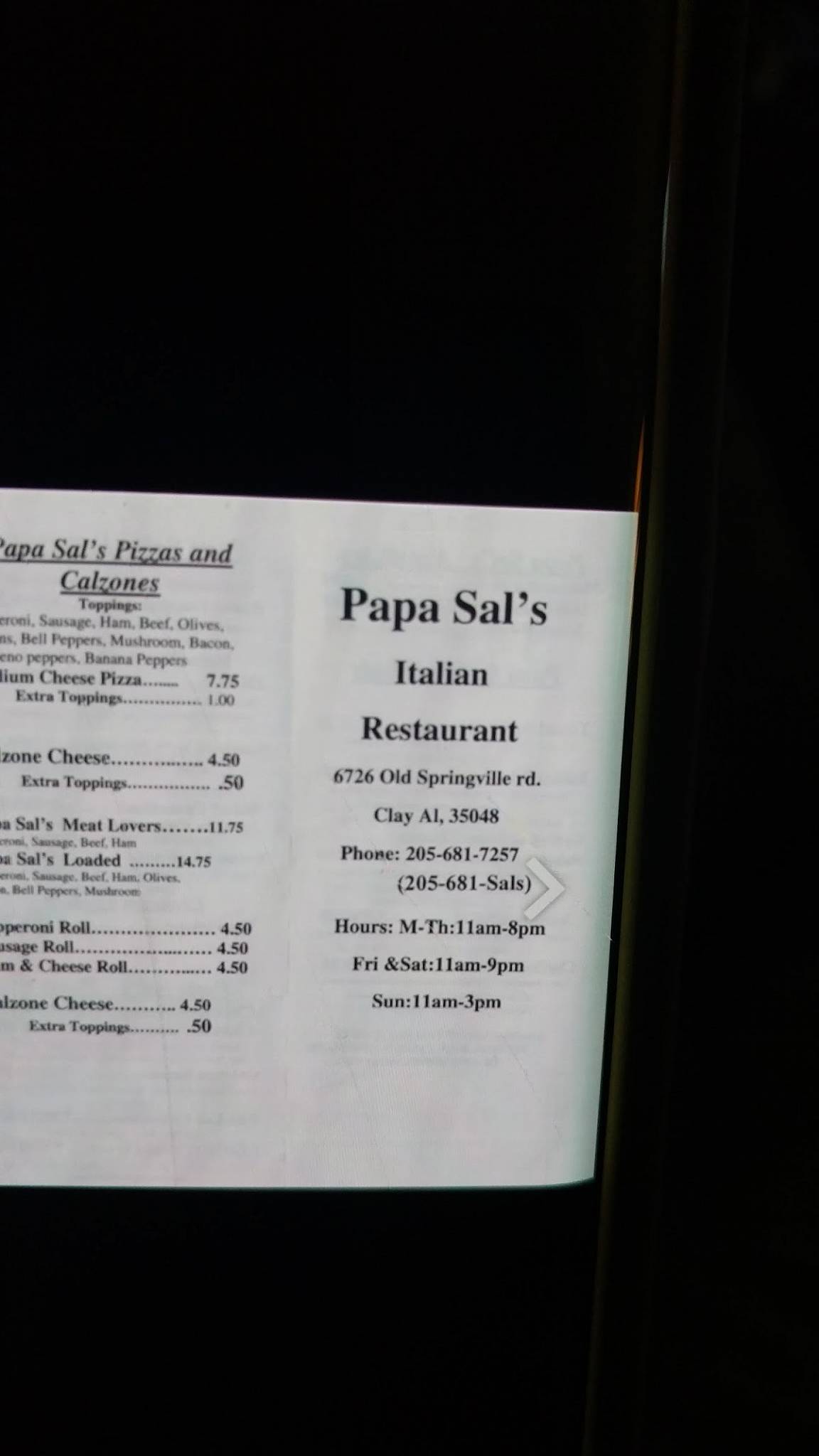 Menu at Papa Sal's Italian Restaurant, Pinson