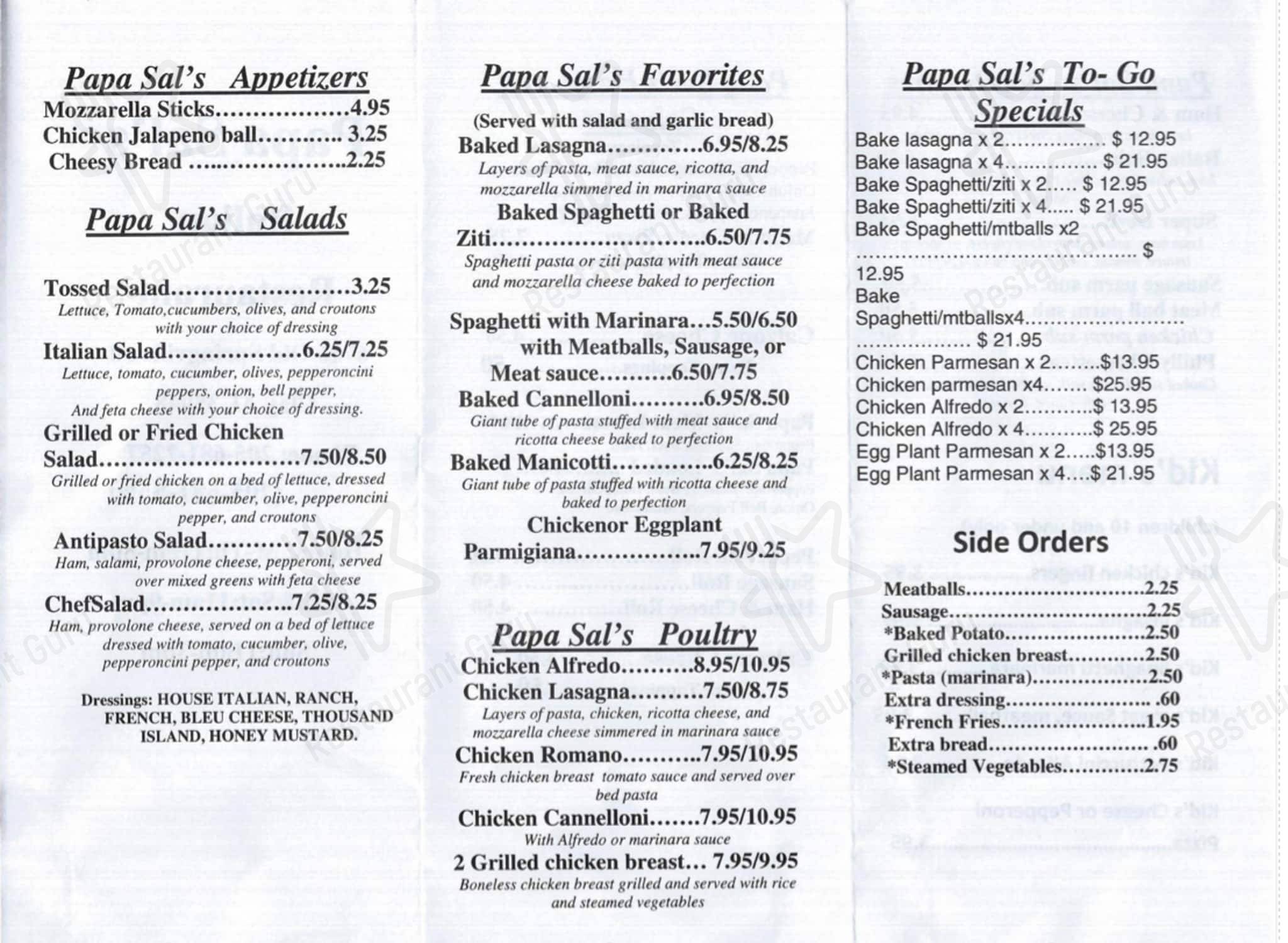 Menu at Papa Sal's Italian Restaurant, Pinson