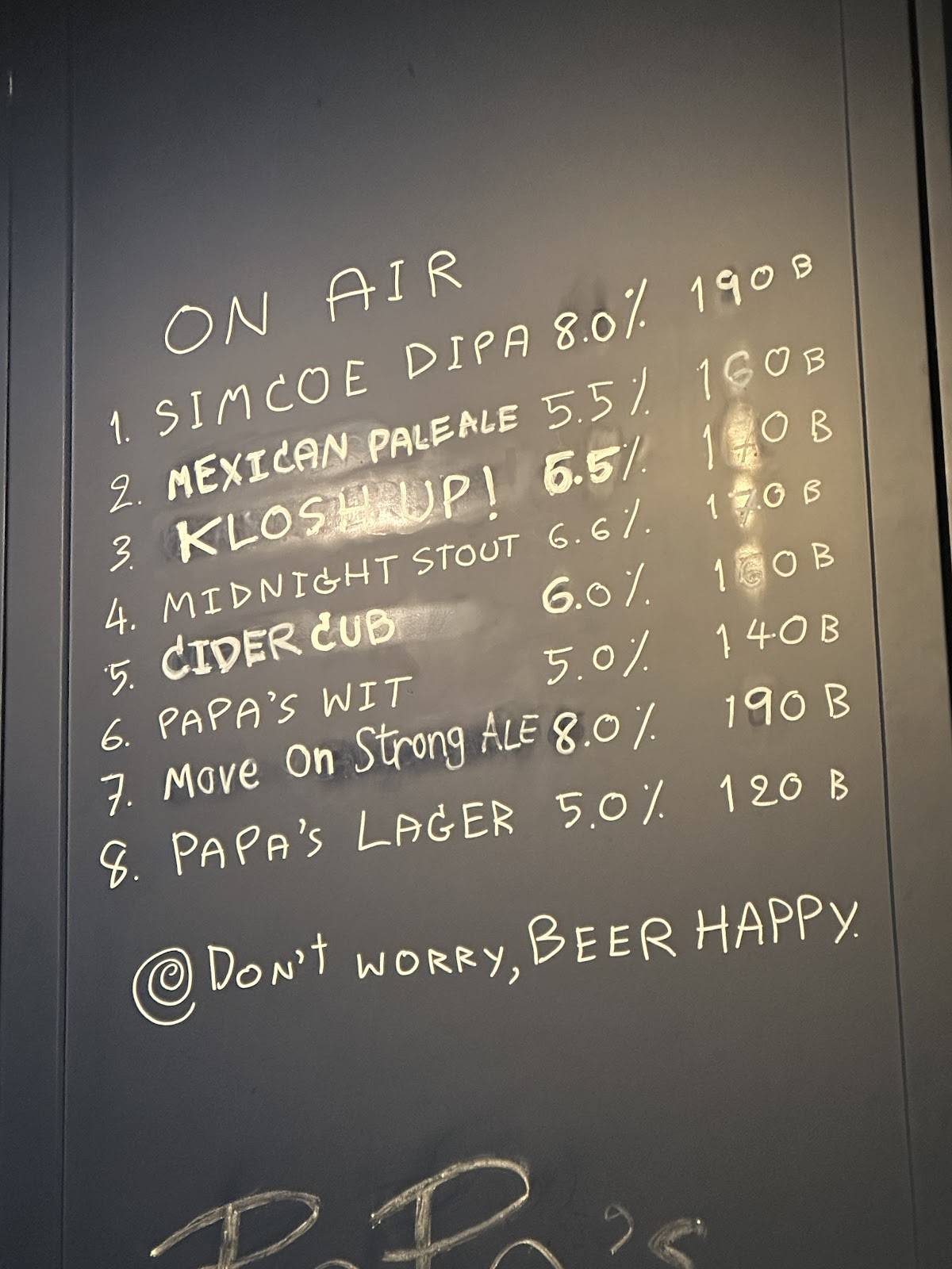 Menu at Papa’s1975 Bar, Bangkok