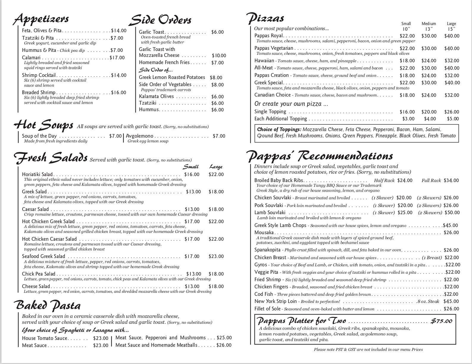 Menu at Pappas Greek Food & Steak restaurant, Winnipeg