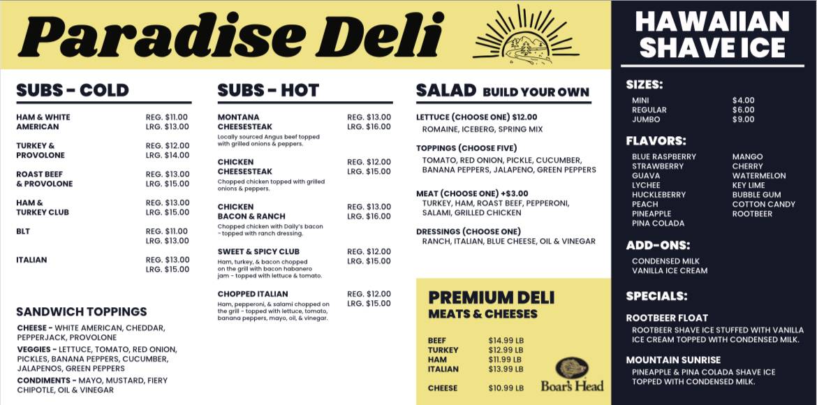 Menu at Paradise Deli, Gardiner