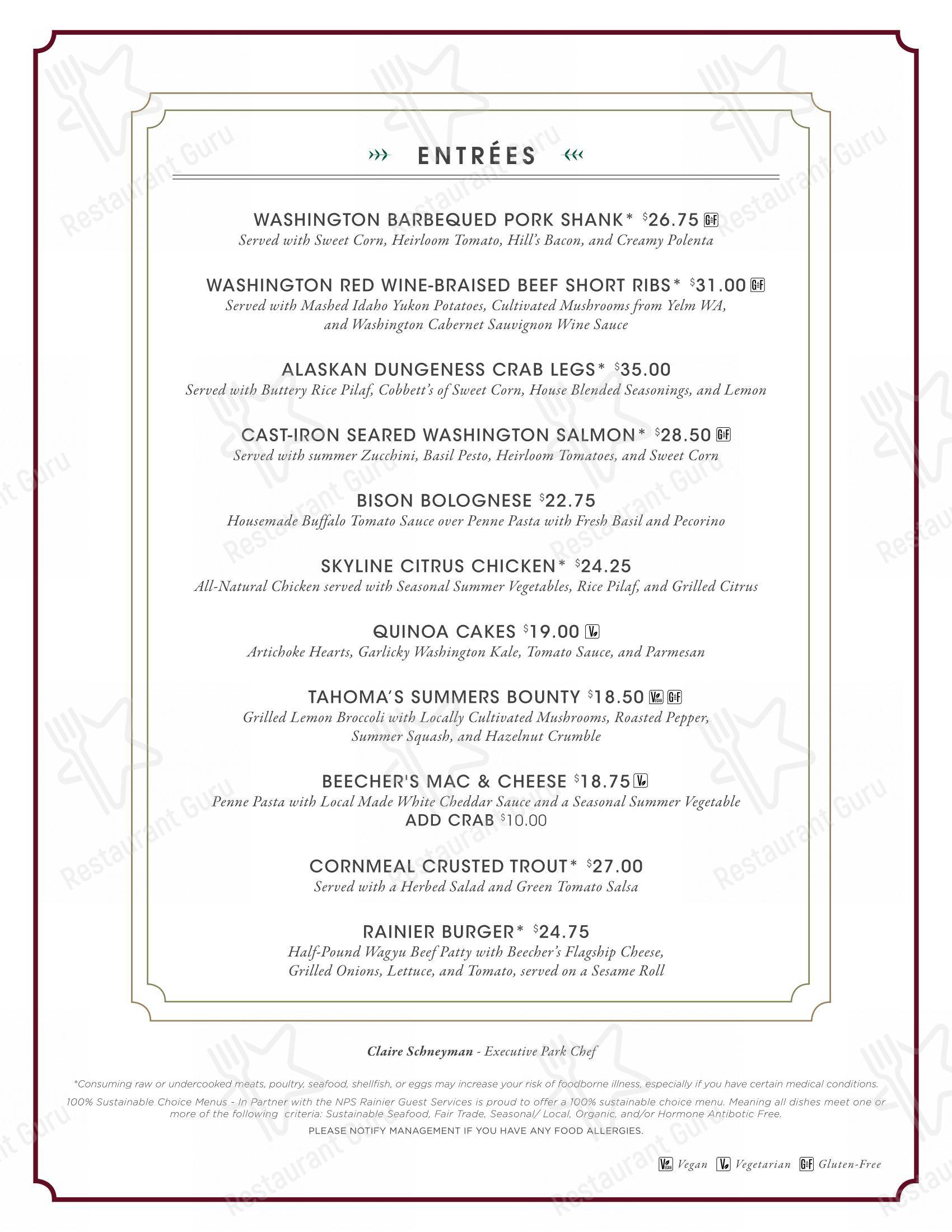 Menu at Paradise Inn Dining Room restaurant, USA