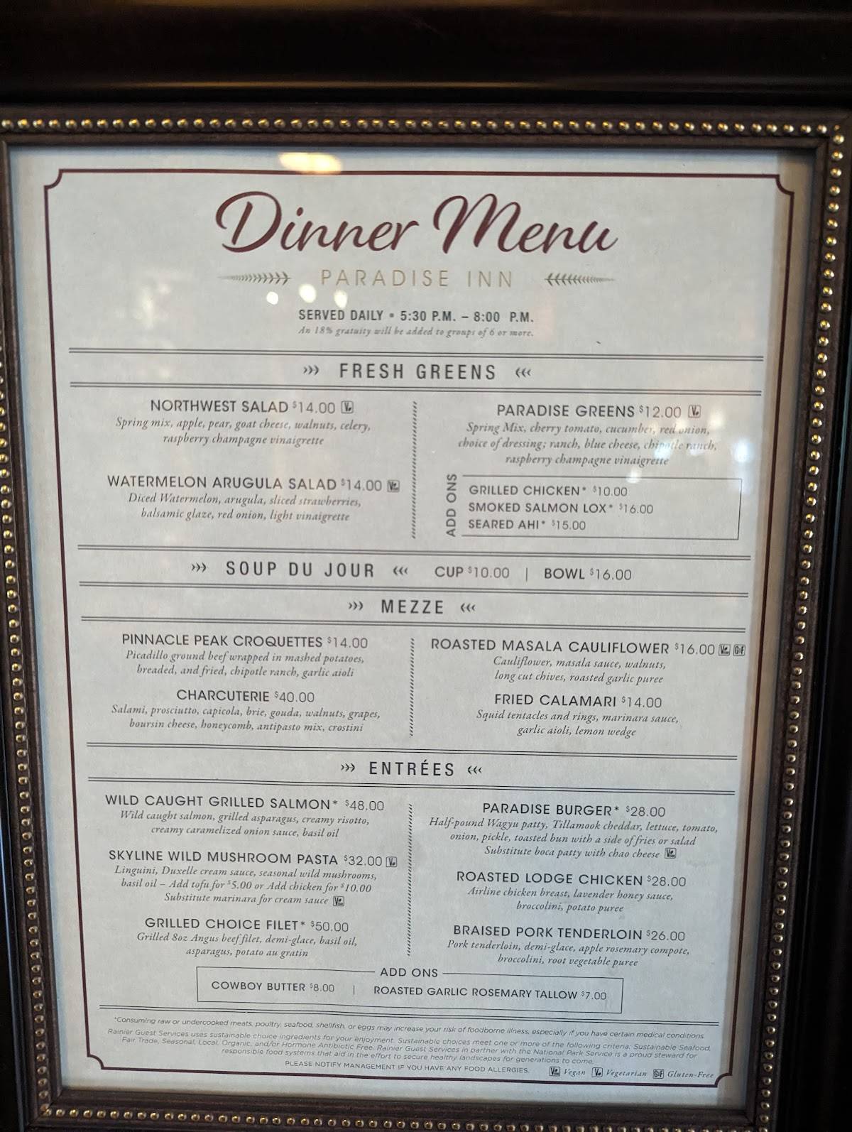 Menu at Paradise Inn Dining Room restaurant, USA