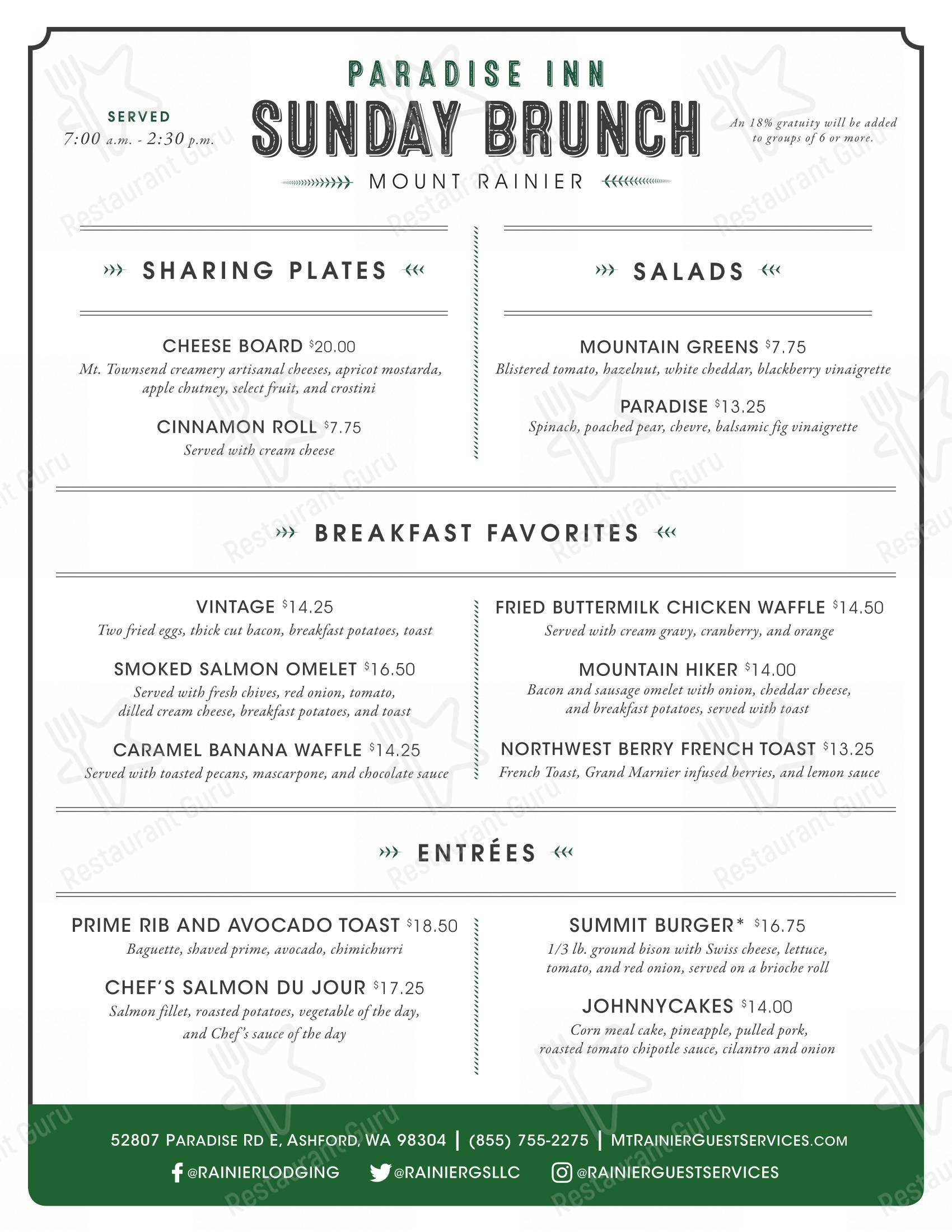 Menu at Paradise Inn Dining Room restaurant, USA