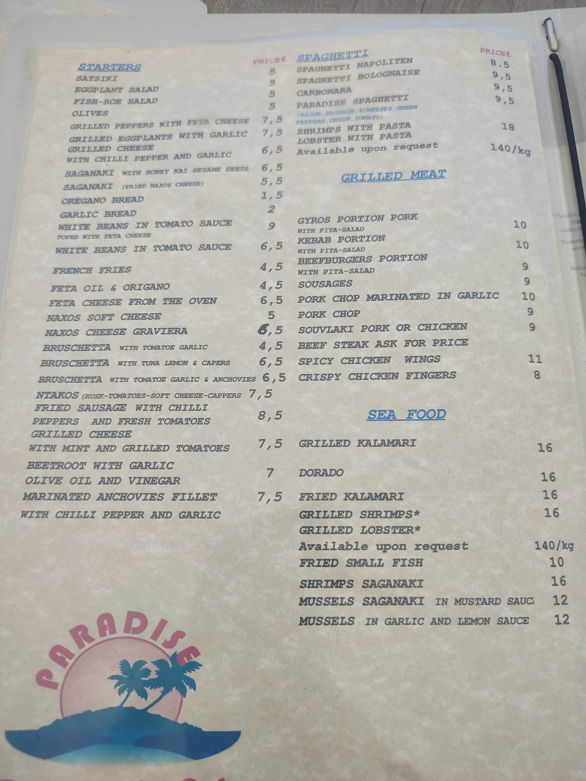 Menu at Paradise Restaurant Café, Naxos
