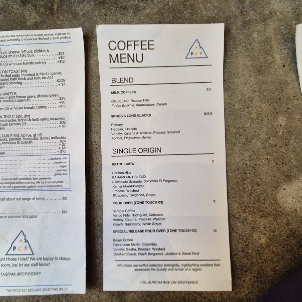 Carta del café Paramount Coffee Project, Surry Hills