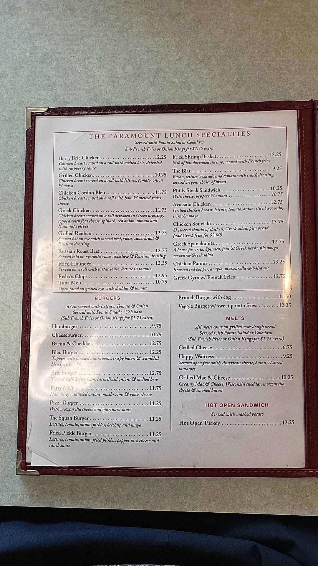 Menu at Paramount Diner cafe, Manasquan