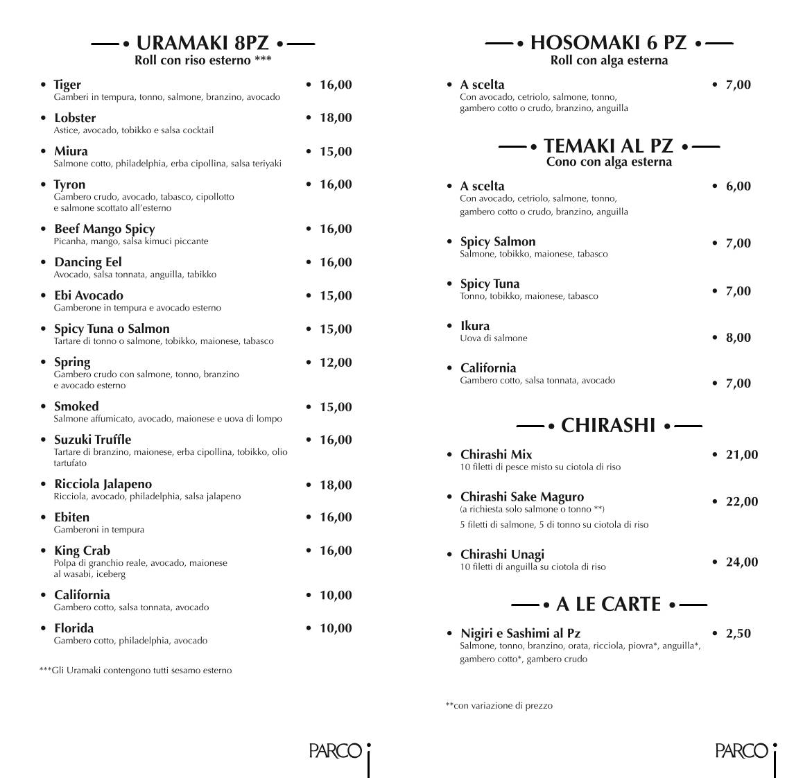 Menu da Parco Sushi Sashimi - Piazza Cavour 7 Milano ristorante, Milano