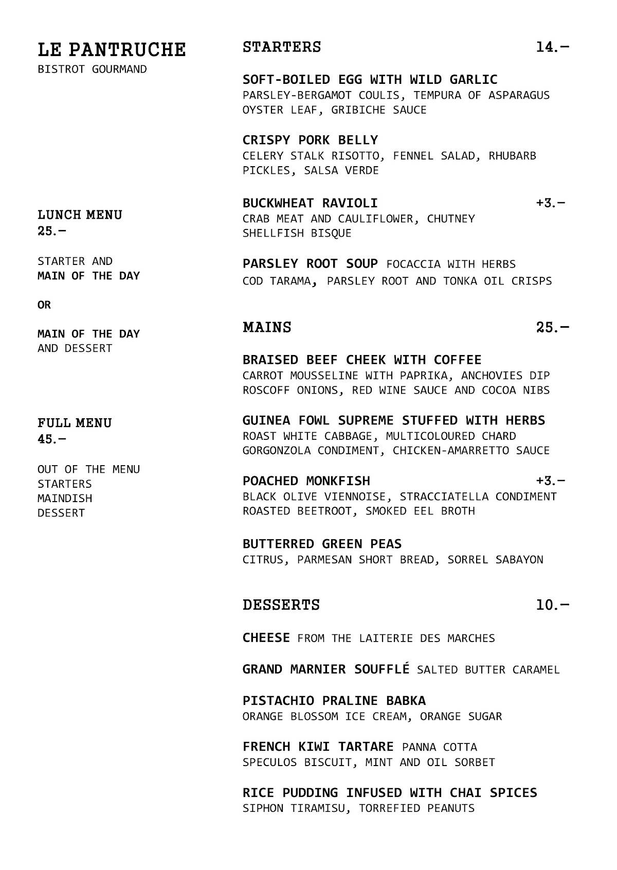 Menu at Le Pantruche restaurant, Paris, 3 Rue Victor Massé