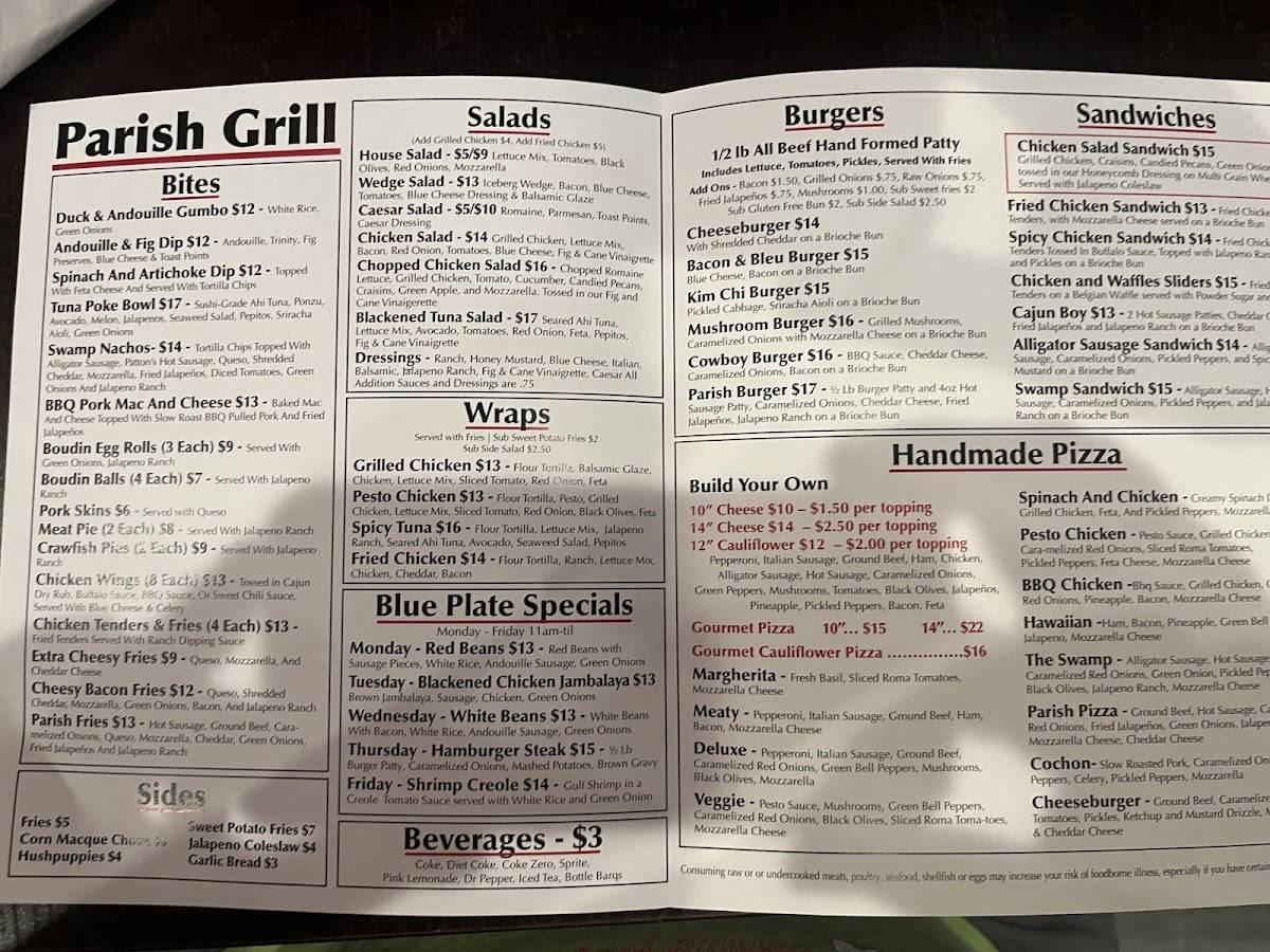 Menu at Parish Grill pizzeria, Metairie