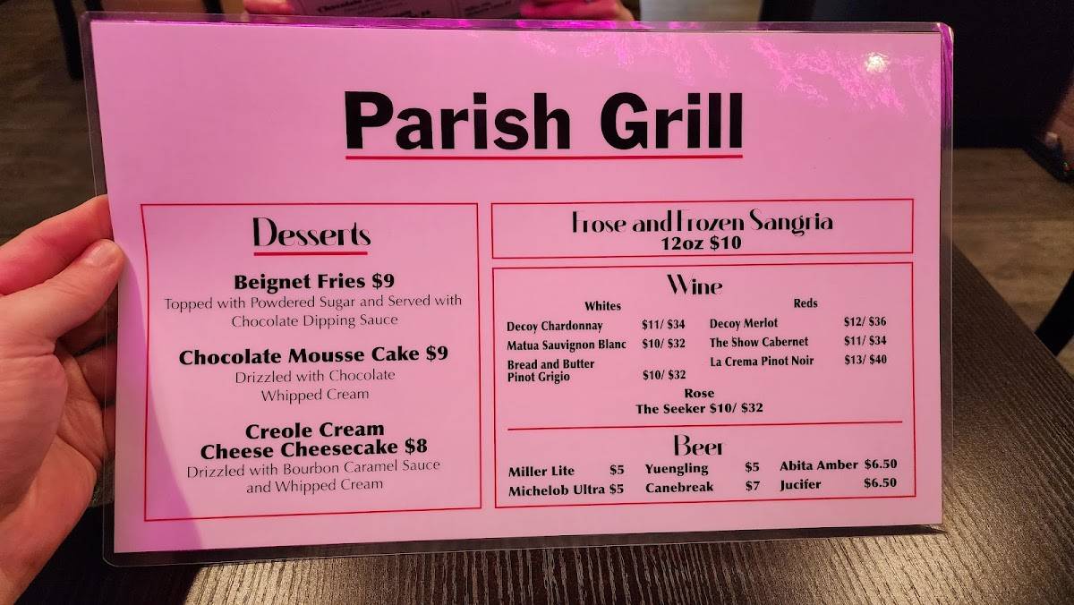 Menu at Parish Grill pizzeria, Metairie