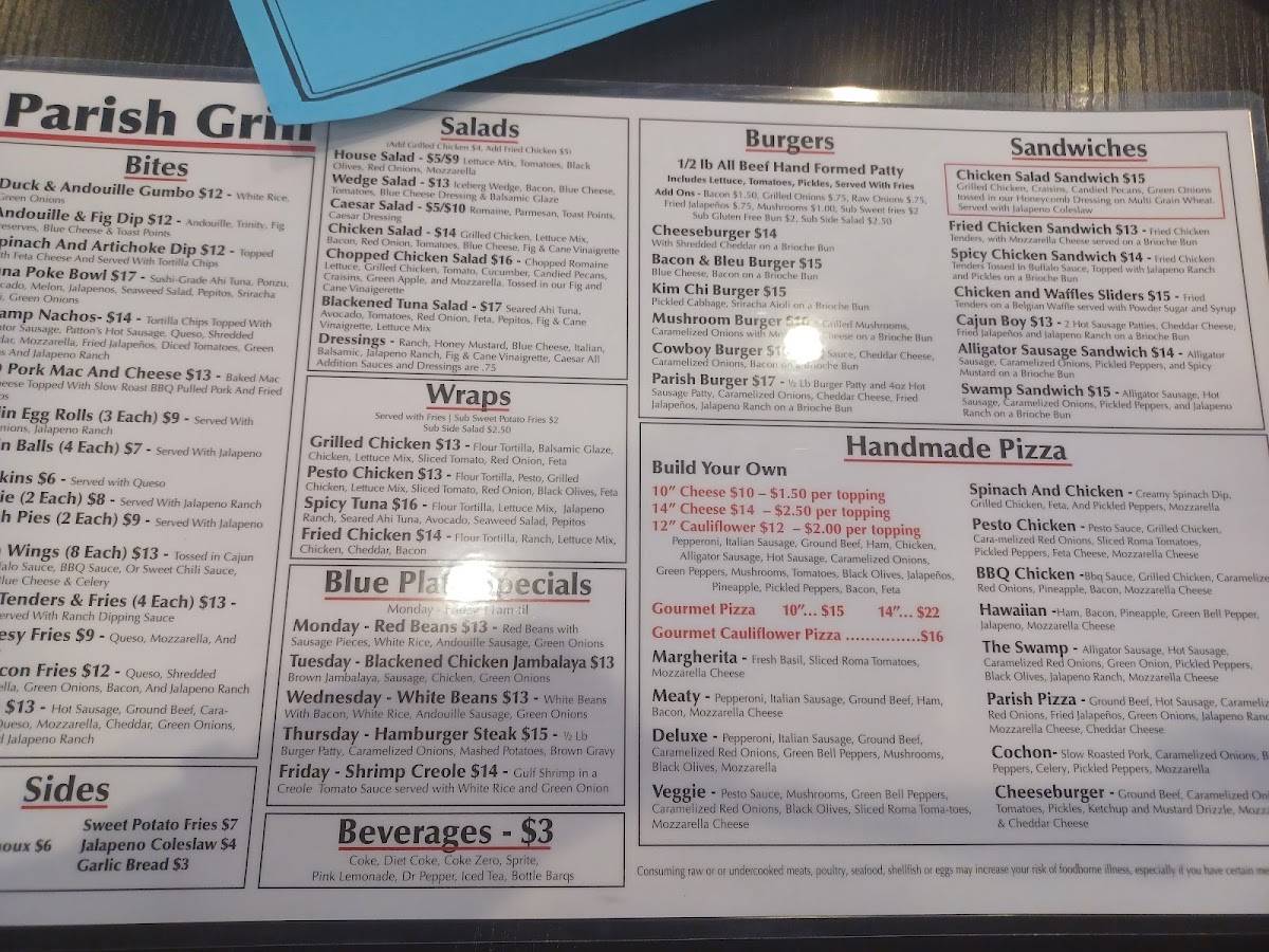 Menu at Parish Grill pizzeria, Metairie
