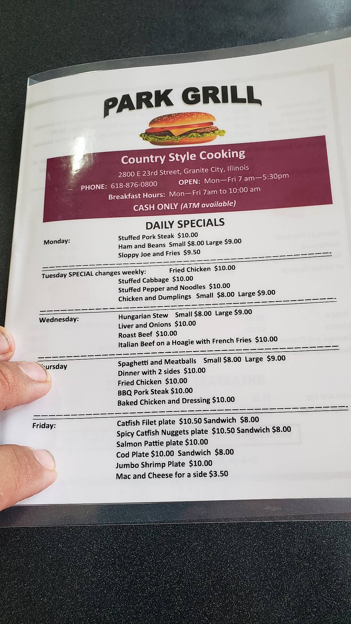 Menu at Park Grill restaurant, Granite City