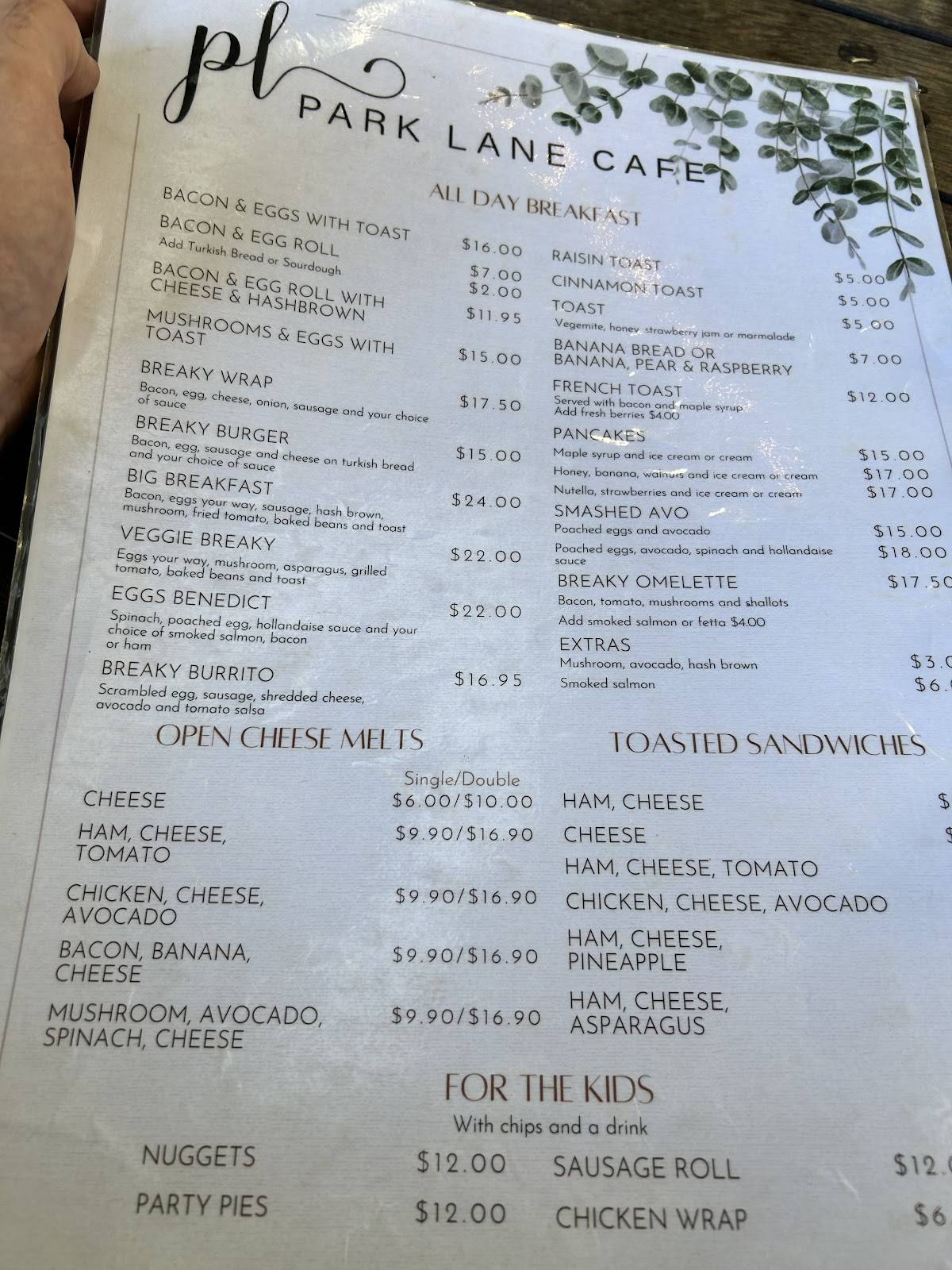 Menu at Park lane cafe, Richmond