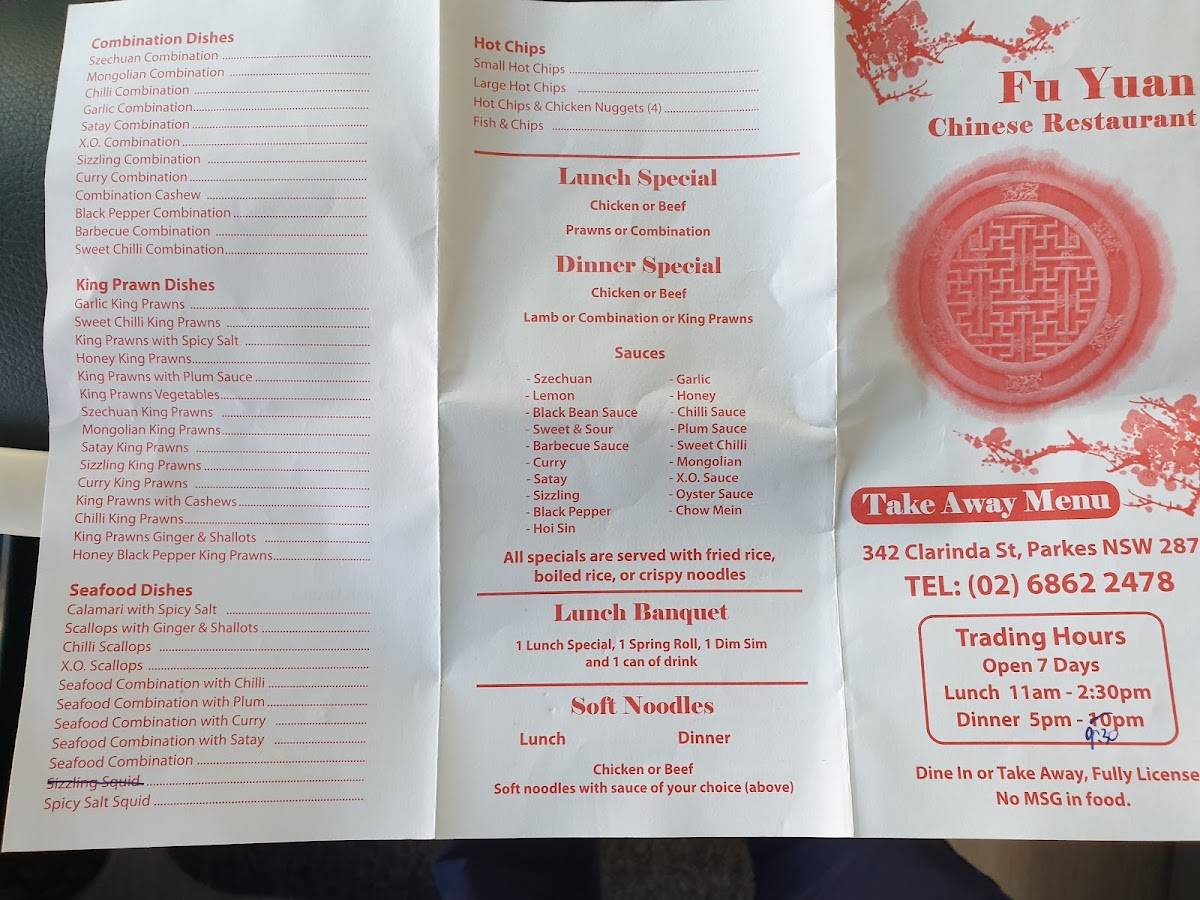 Menu at Fu Yuan Chinese Restaurant, Parkes