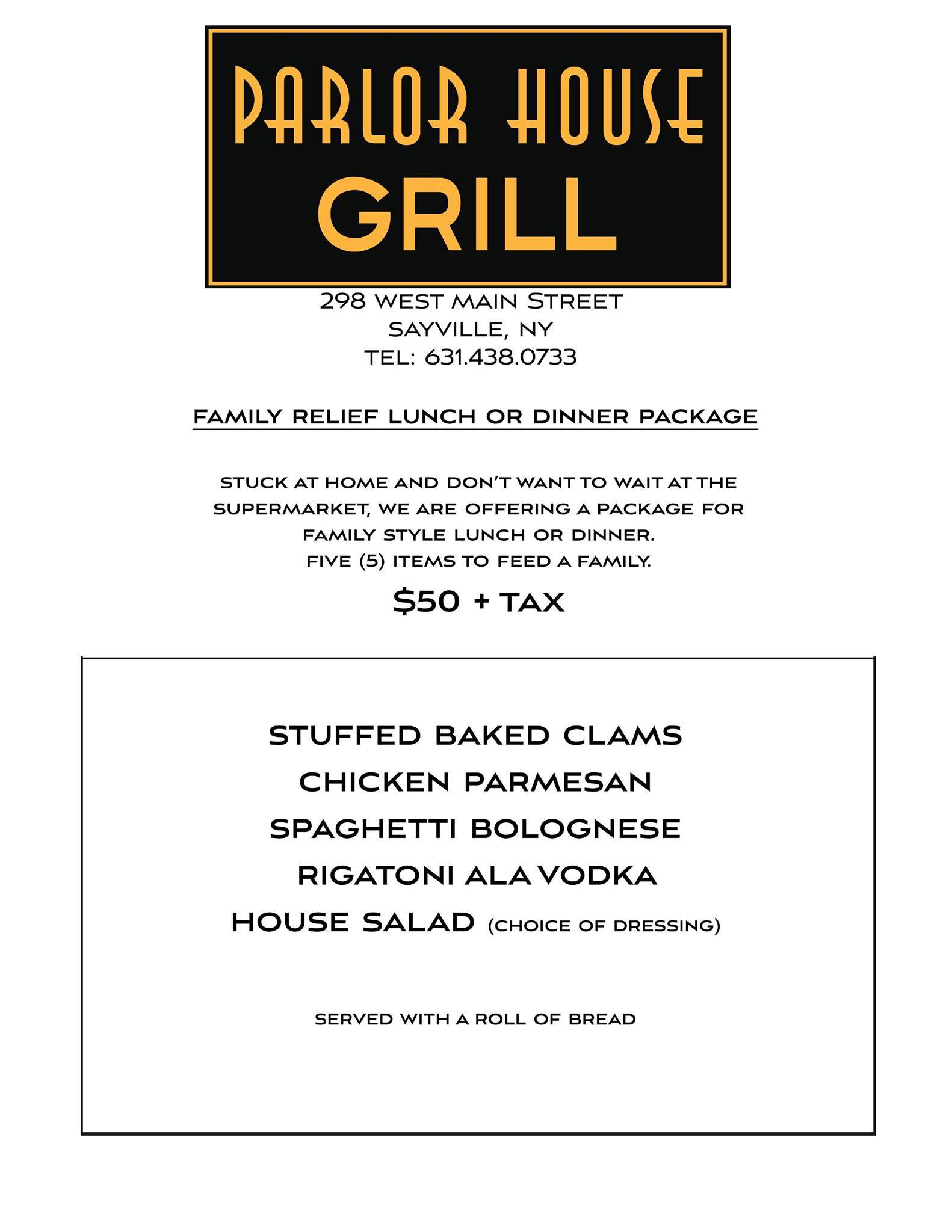 Menu at Parlor House Grill restaurant, Sayville