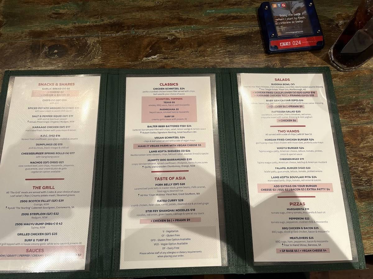 Menu at The Collector Hotel restaurant, Parramatta