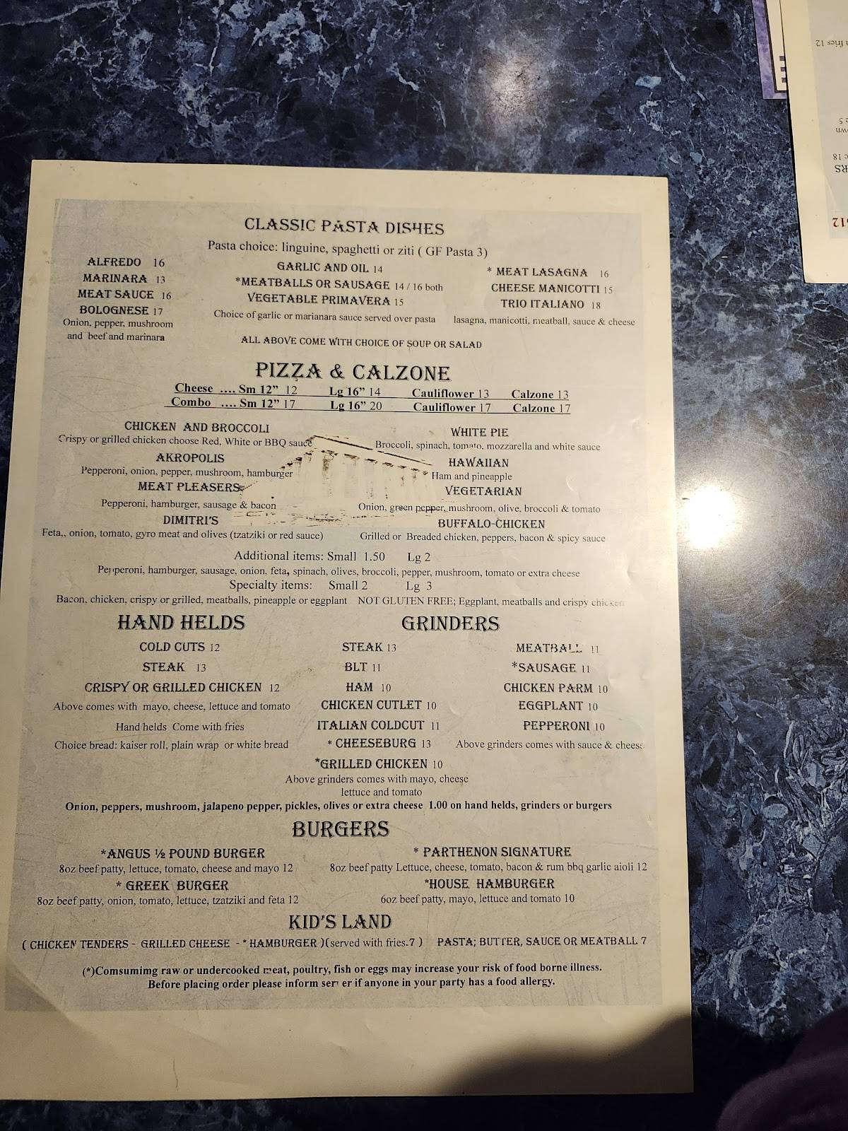 Menu at Parthenon Restaurant, South Hadley