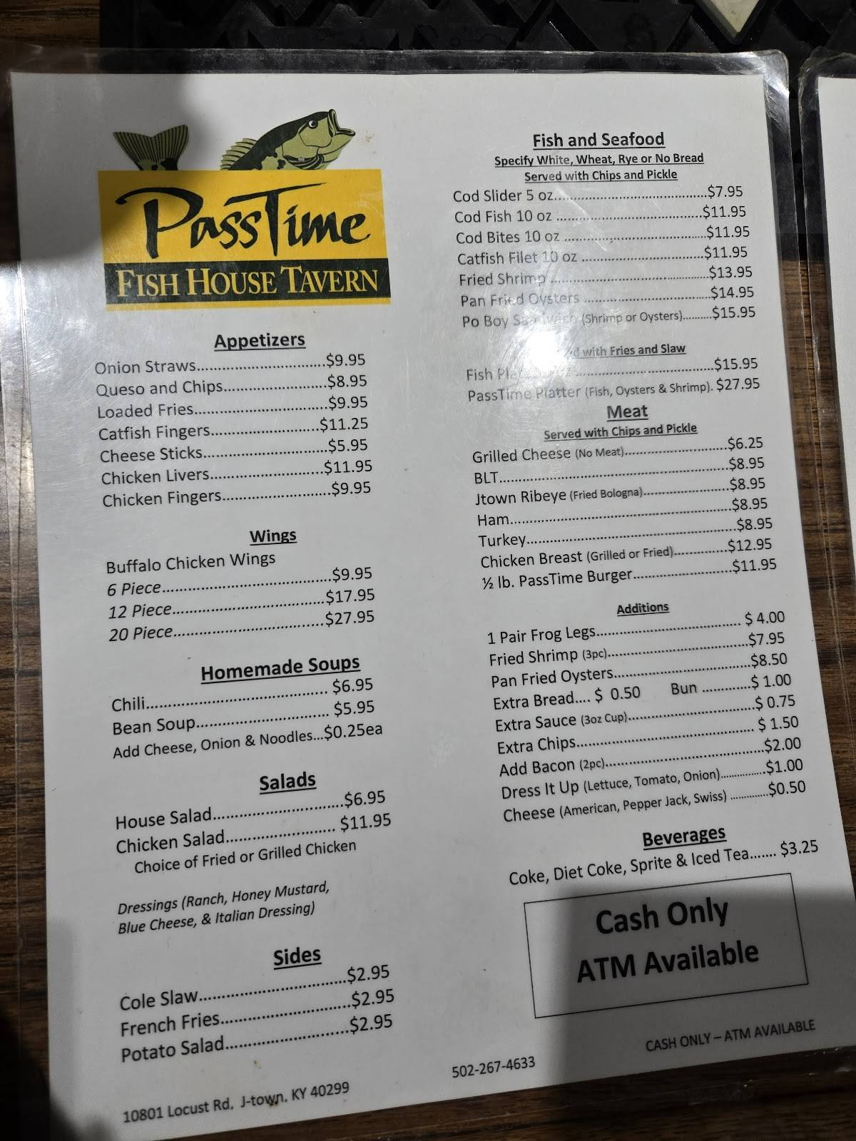 Menu at Passtime Fish House restaurant, Louisville