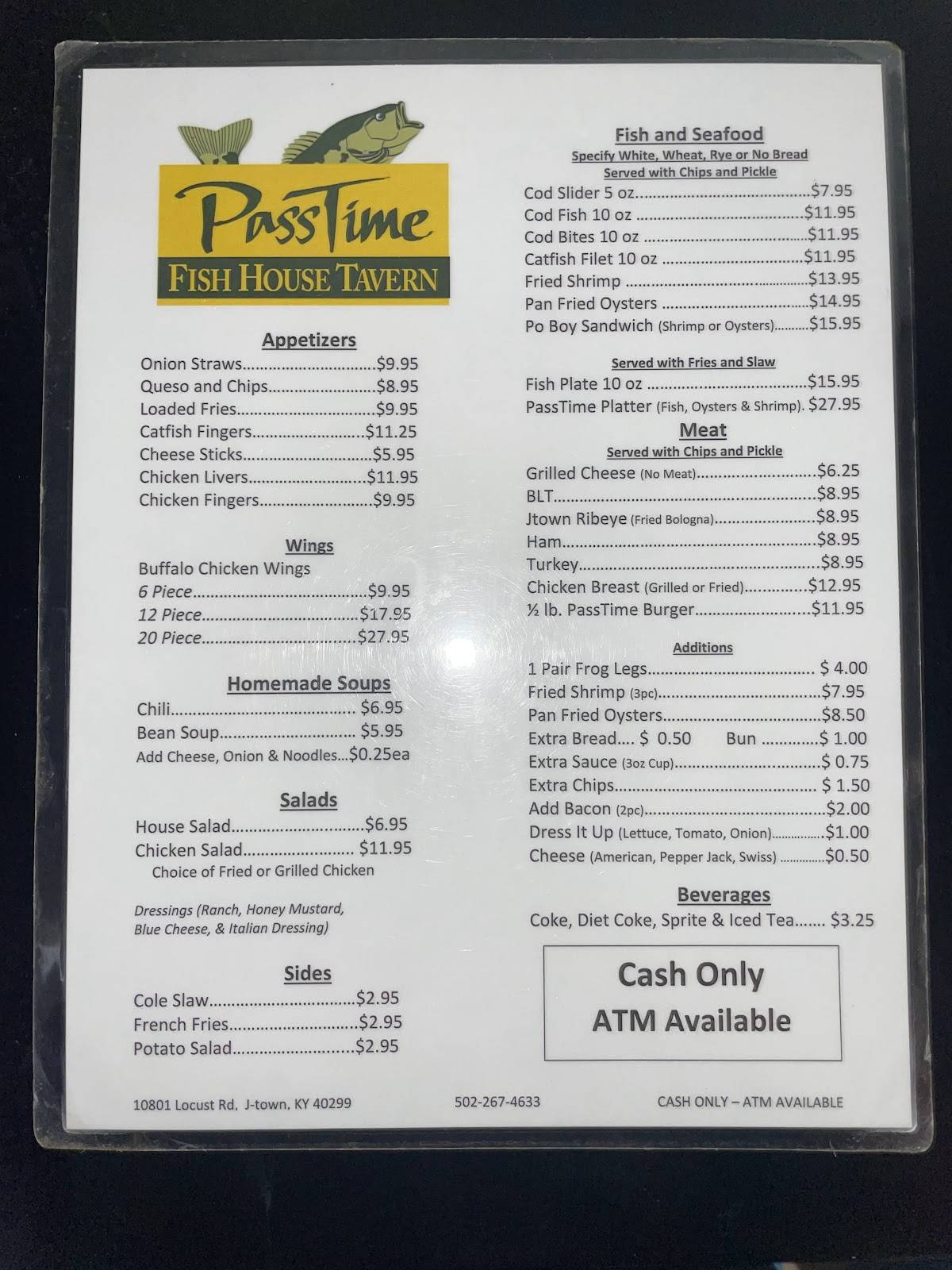 Menu at Passtime Fish House restaurant, Louisville