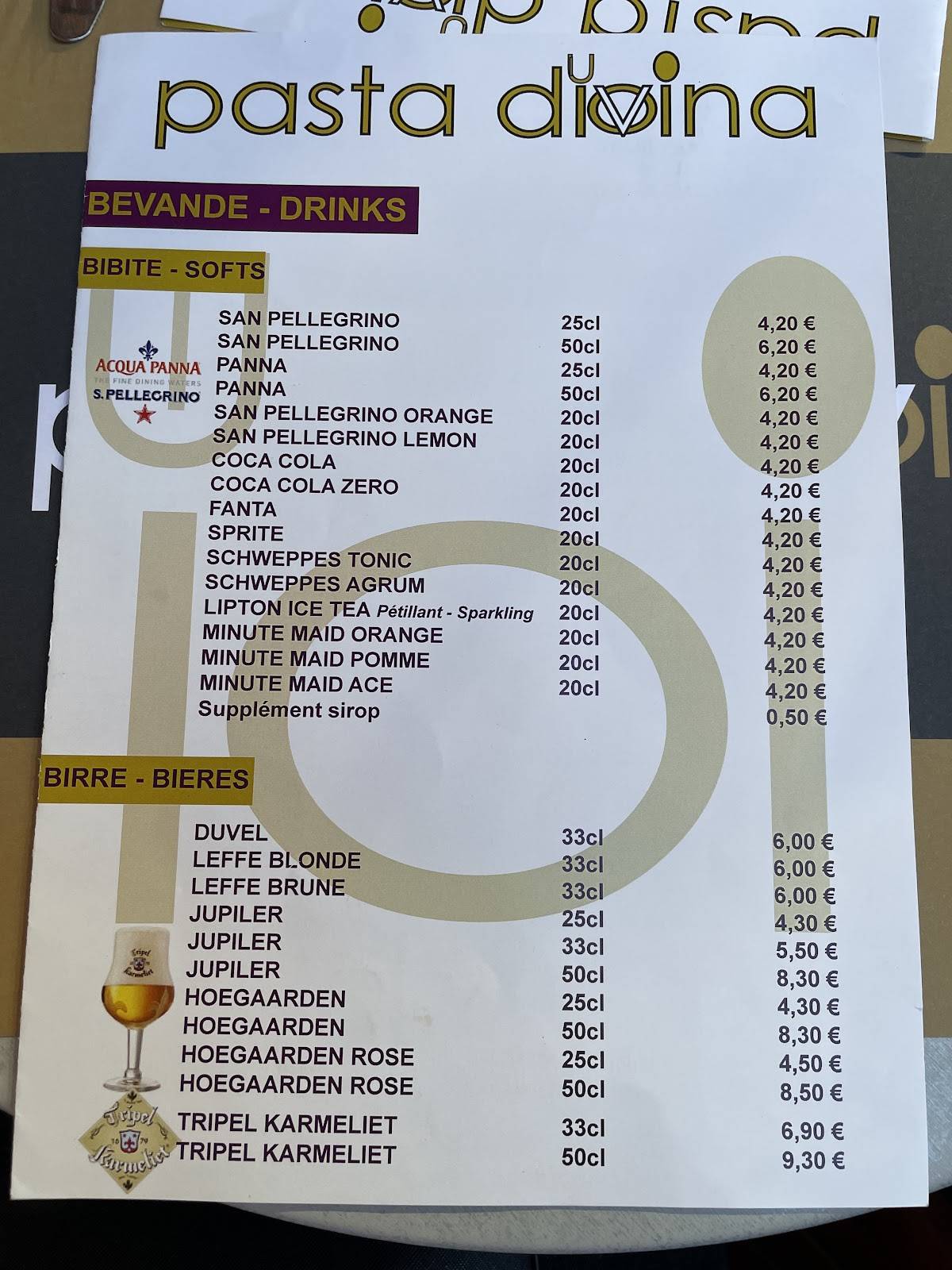 Menu at Pasta Divina, Brussels