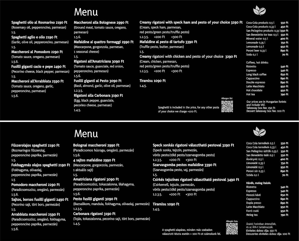 Menu at Pasta Fresca Pécs restaurant, Pécs